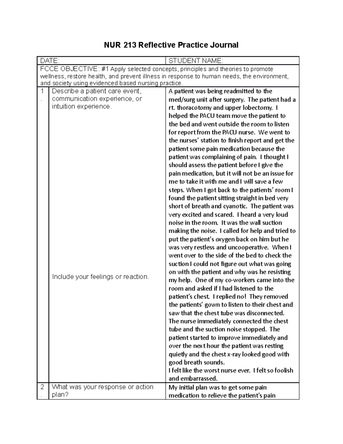 Example Reflective Practice Journal FA 17 - NUR 213 Reflective Practice ...