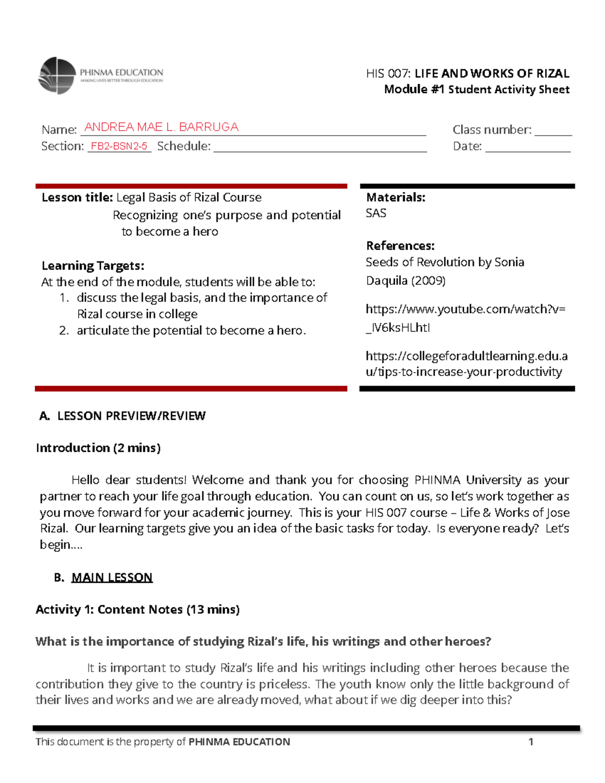 SAS 1 Life and Works of Rizal HIS 007 Life and Works of Rizal HIS 007 ...