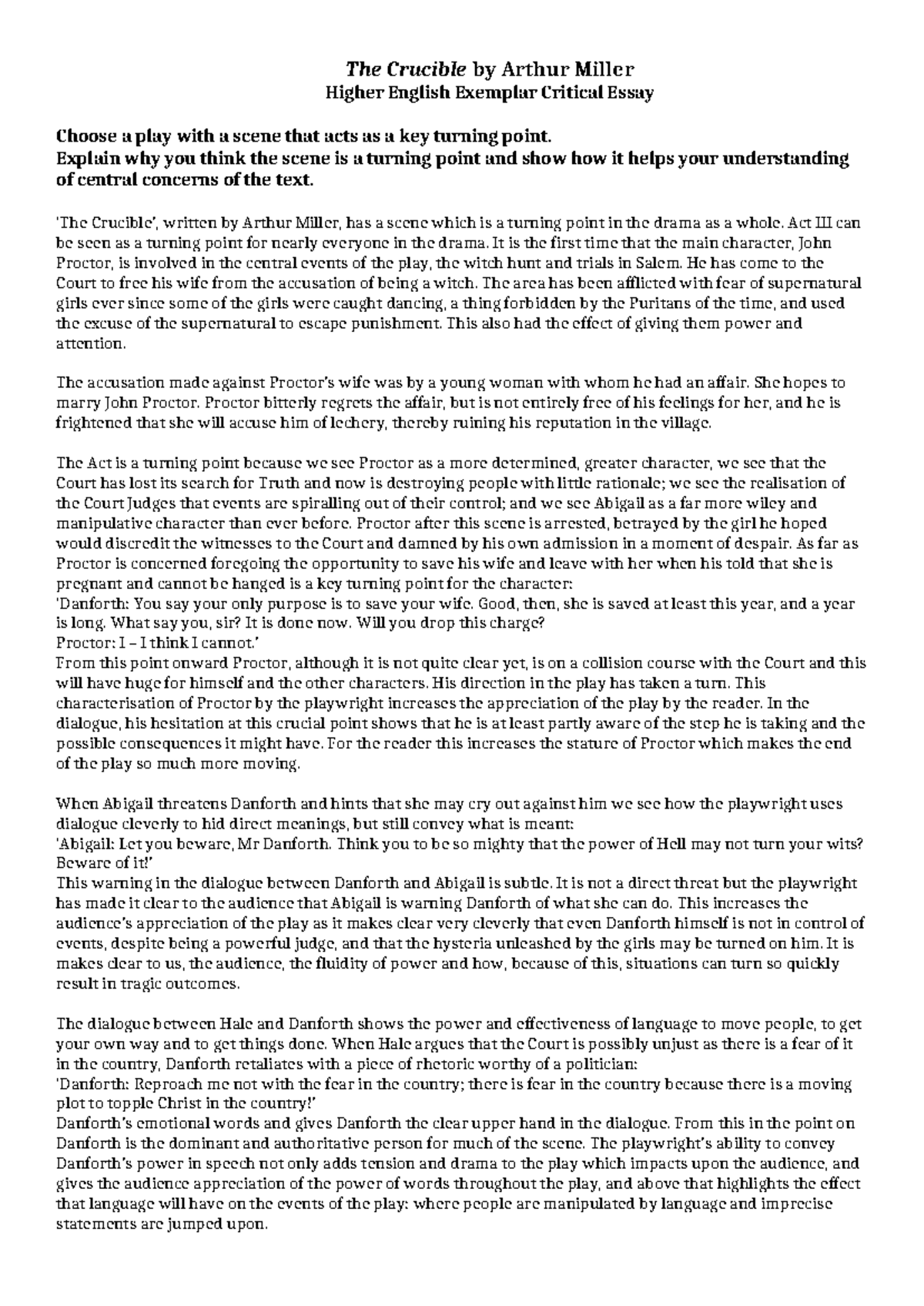Exemplar essay the crucible by arthur miller - The Crucible by Arthur ...
