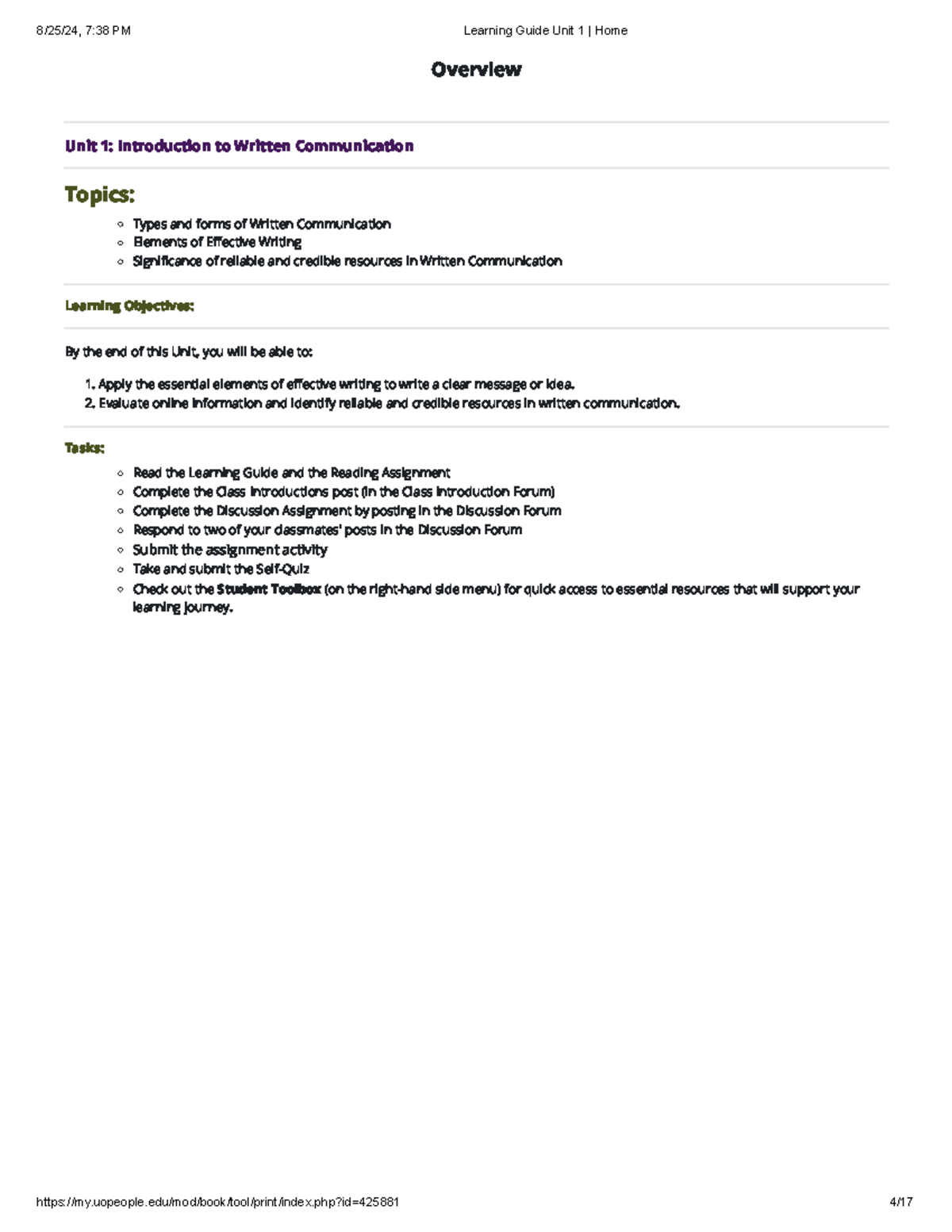 Learning Guide Unit 1 - Overview Unit 1: Introduction to Written ...