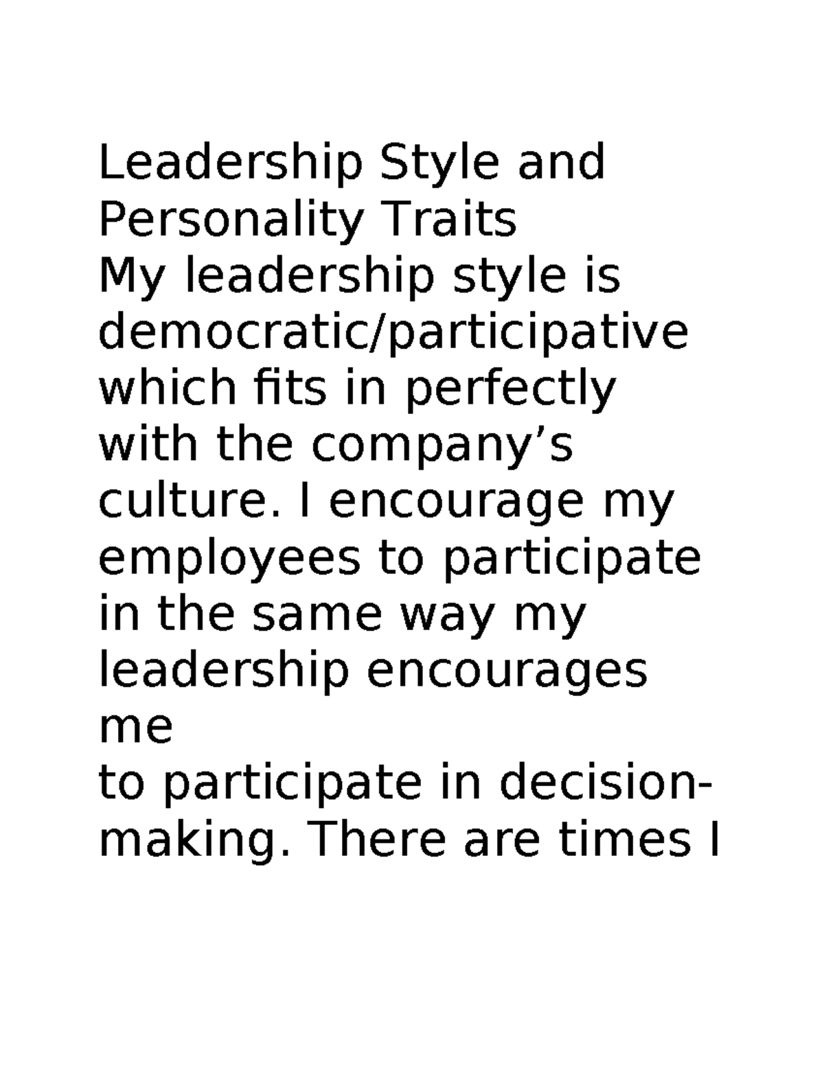 Journal 4-3 example - BUS 210 - Leadership Style and Personality Traits ...