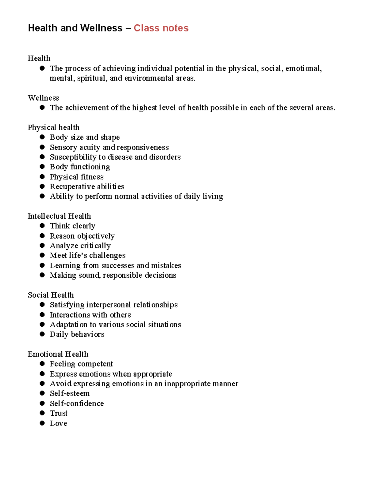 Health wellness classnotestranscript - Health and Wellness – Class ...