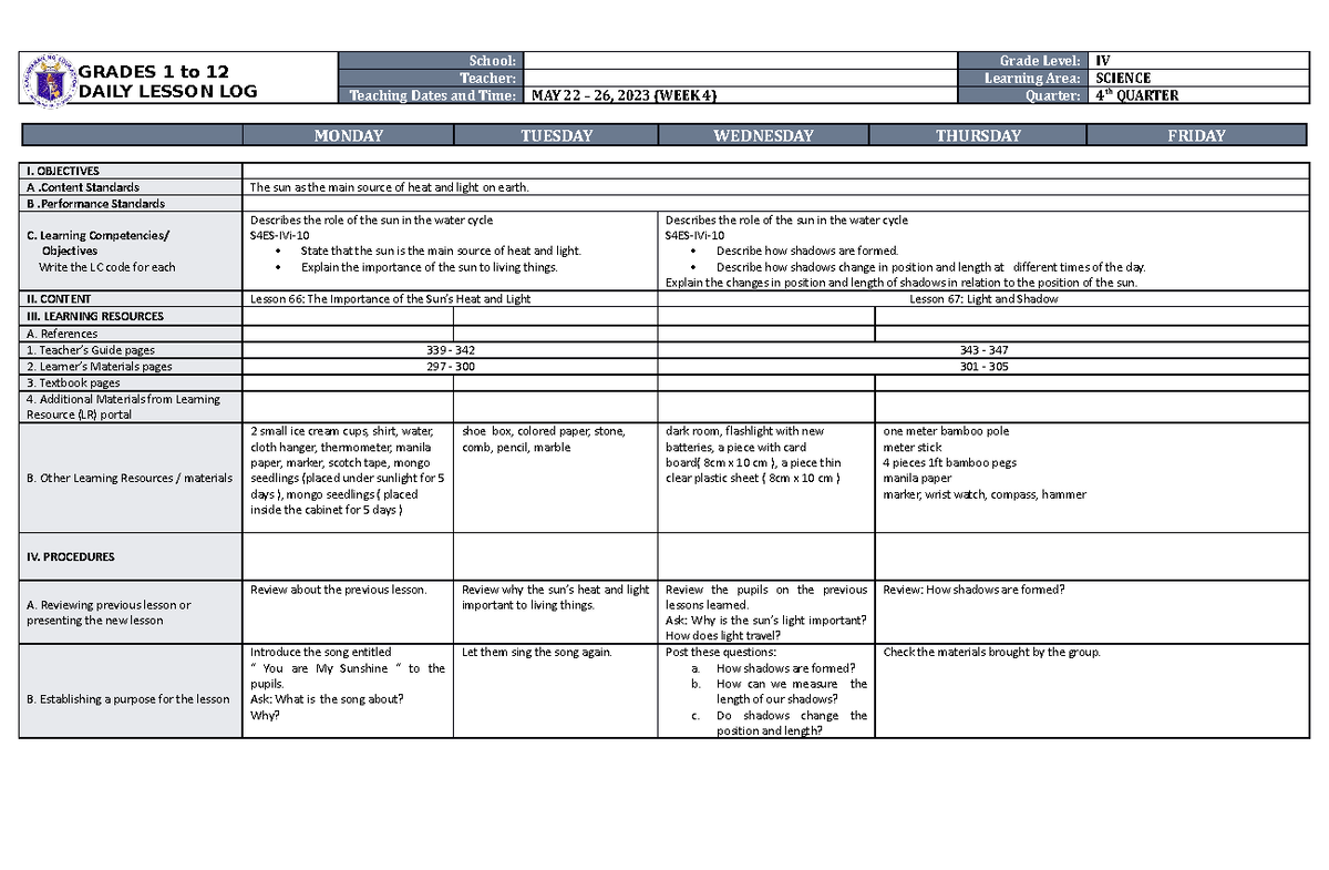 DLL Science 4 Q4 W4 - more info - GRADES 1 to 12 DAILY LESSON LOG ...