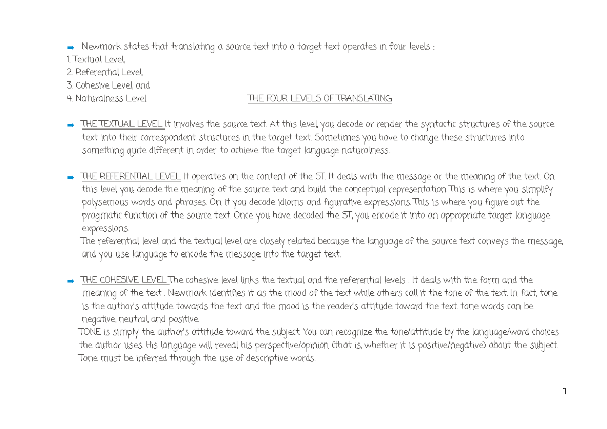 FOUR Levels OF Translating - Newmark states that translating a source ...