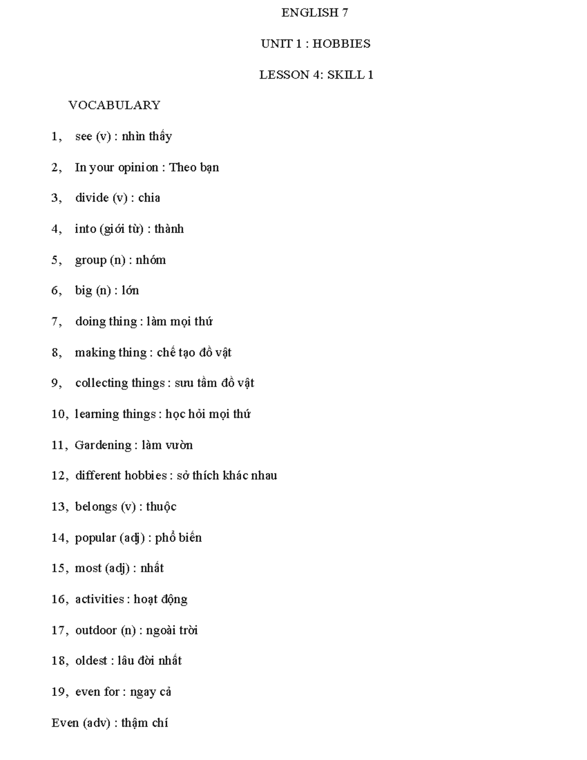 (5) Skill 1 - ENGLISH 7 UNIT 1 : HOBBIES LESSON 4: SKILL 1 VOCABULARY 1 ...
