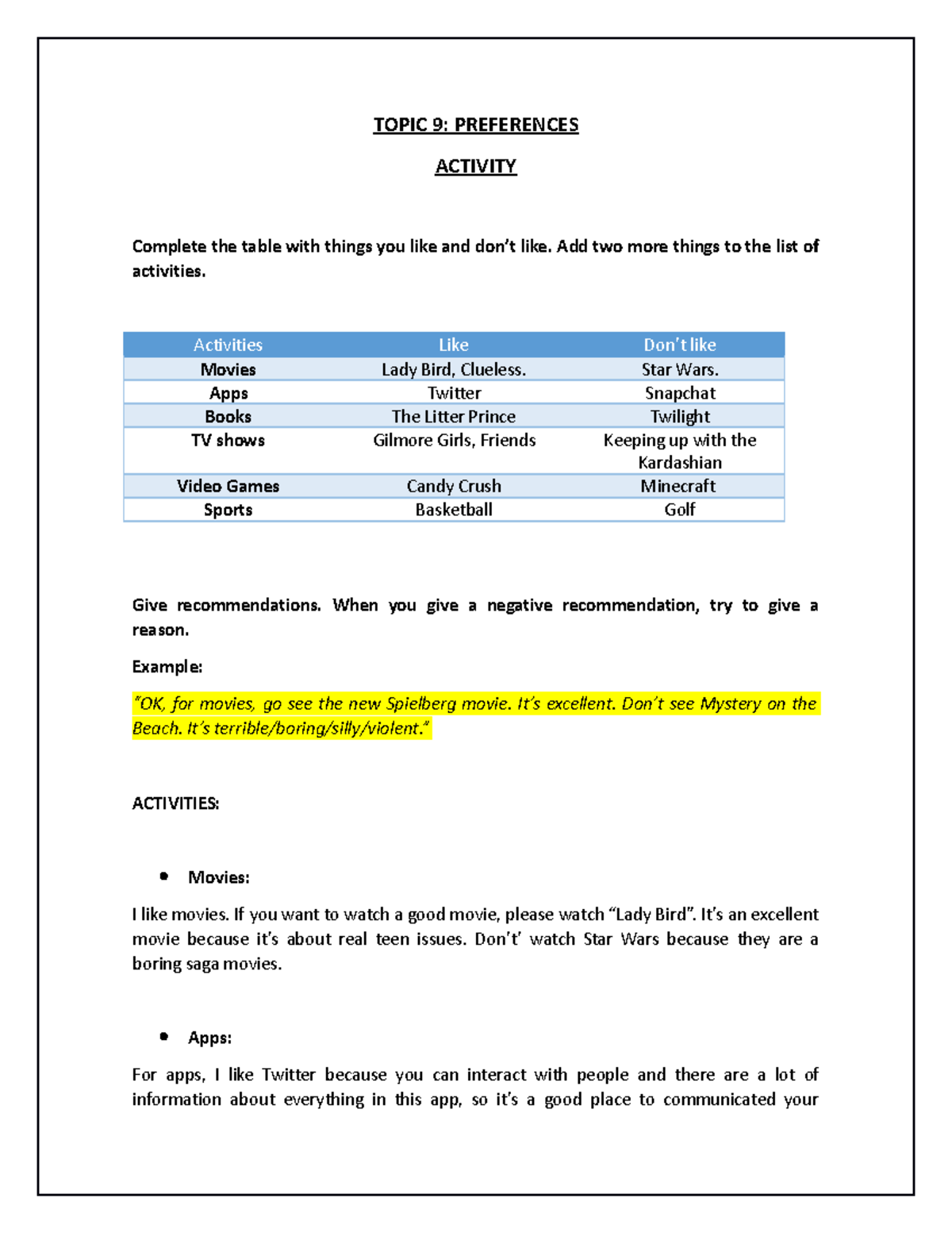 Topic 9 Activity (1) Claudia's activity - TOPIC 9: PREFERENCES ACTIVITY ...