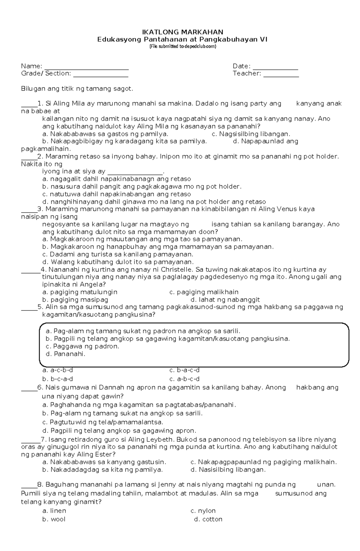 PT EPP 6 Q3 - This document is periodical test from elementary ...