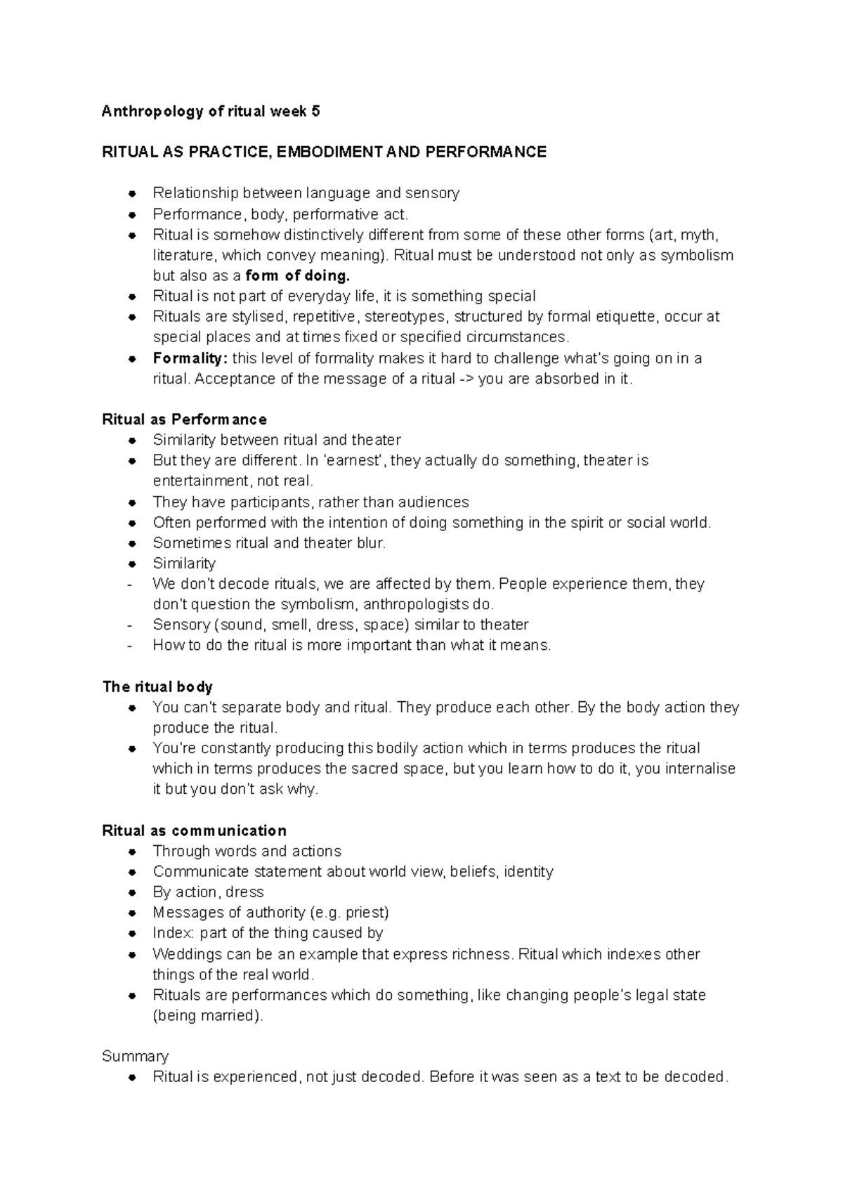 Anthropology of ritual week 5 - Ritual is somehow distinctively ...