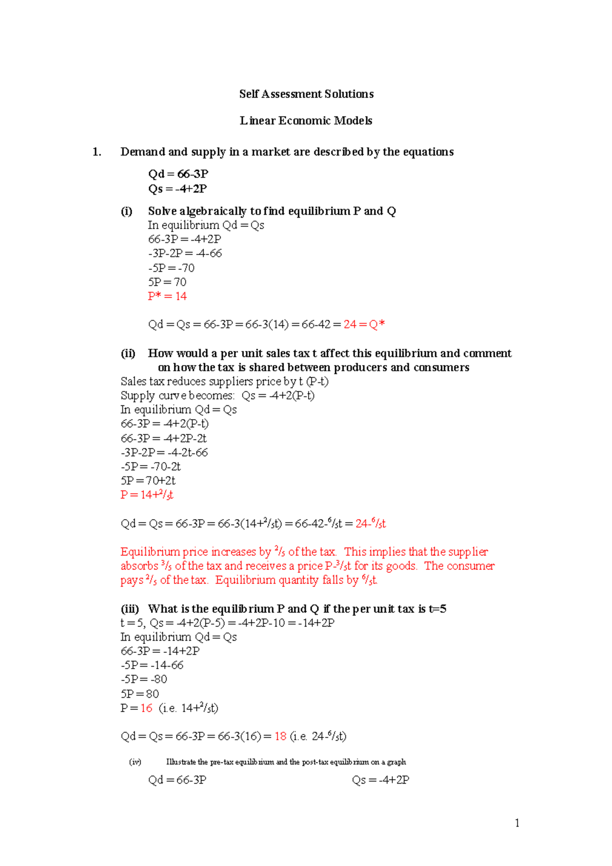 Lineareconmodelssols - Self Assessment Solutions Linear Economic Models ...