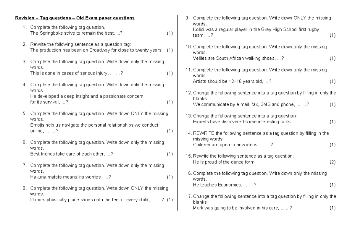 Revision Tag Questions - Revision – Tag questions – Old Exam paper ...