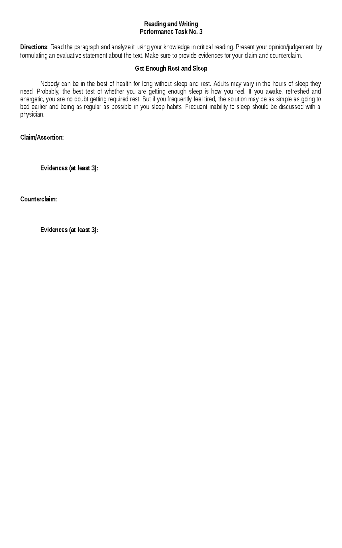 Reading and Writing PT3 - Reading and Writing Performance Task No. 3 ...