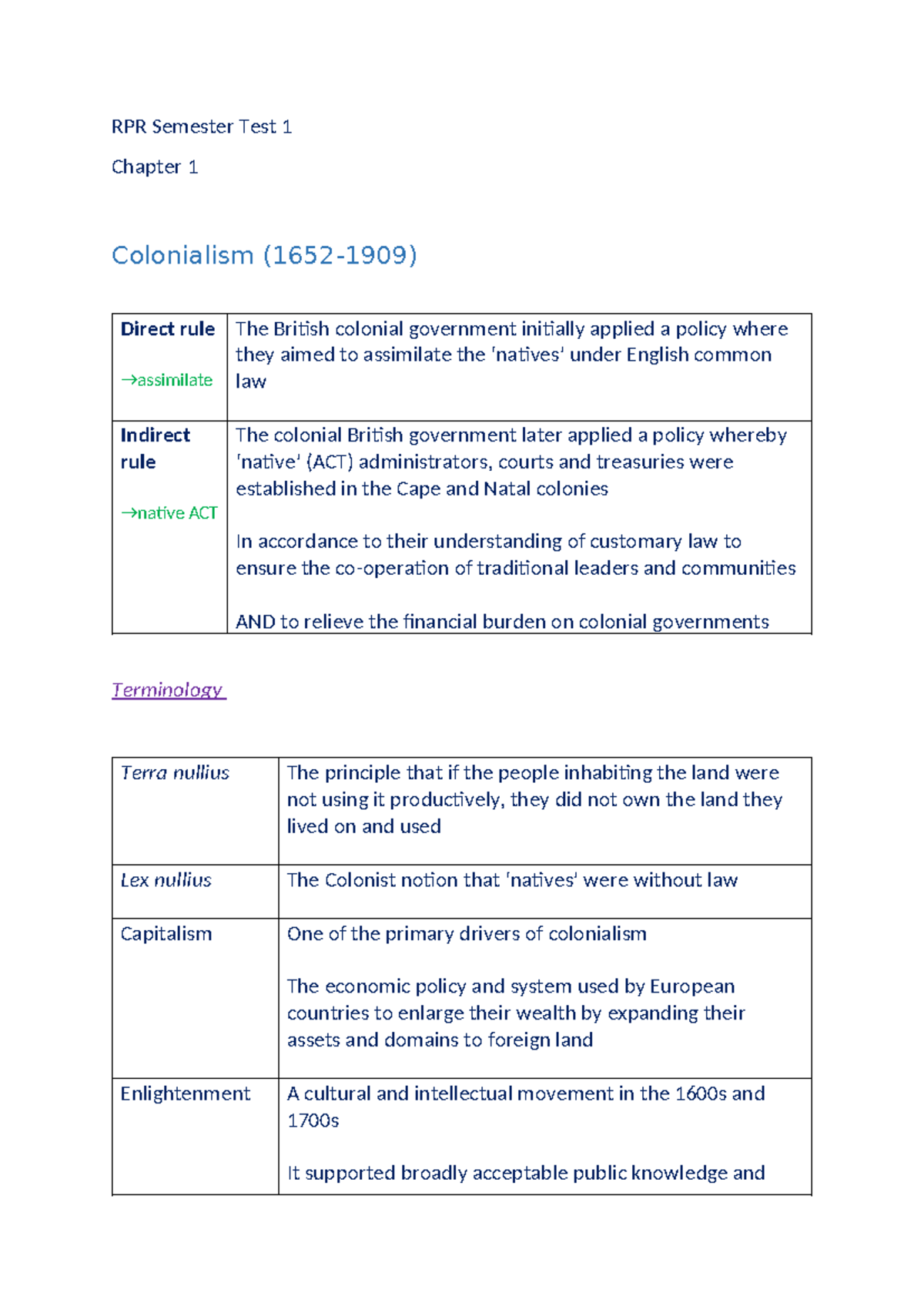Note on the first lecture - RPR Semester Test 1 Chapter 1 Colonialism ...