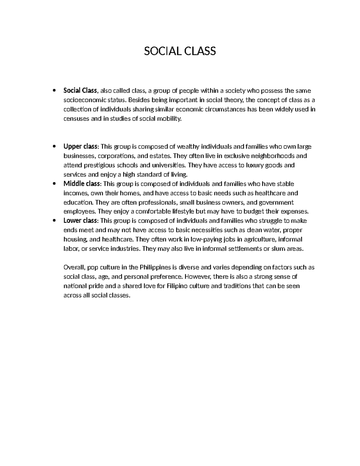 Social Class Research - SOCIAL CLASS Social Class, also called class, a ...