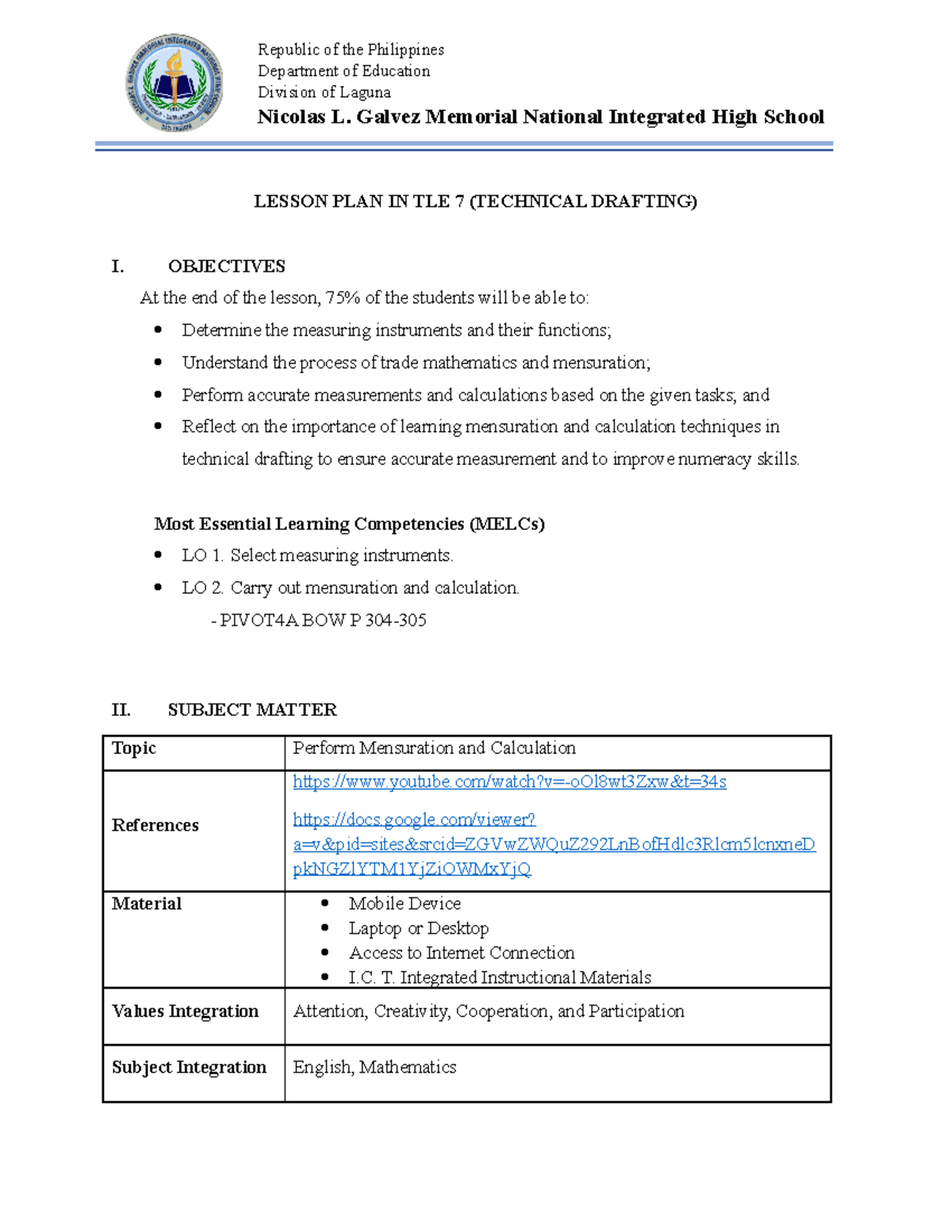 Perform Mensuration and Calculation - LESSON PLAN IN TLE 7 (TECHNICAL ...