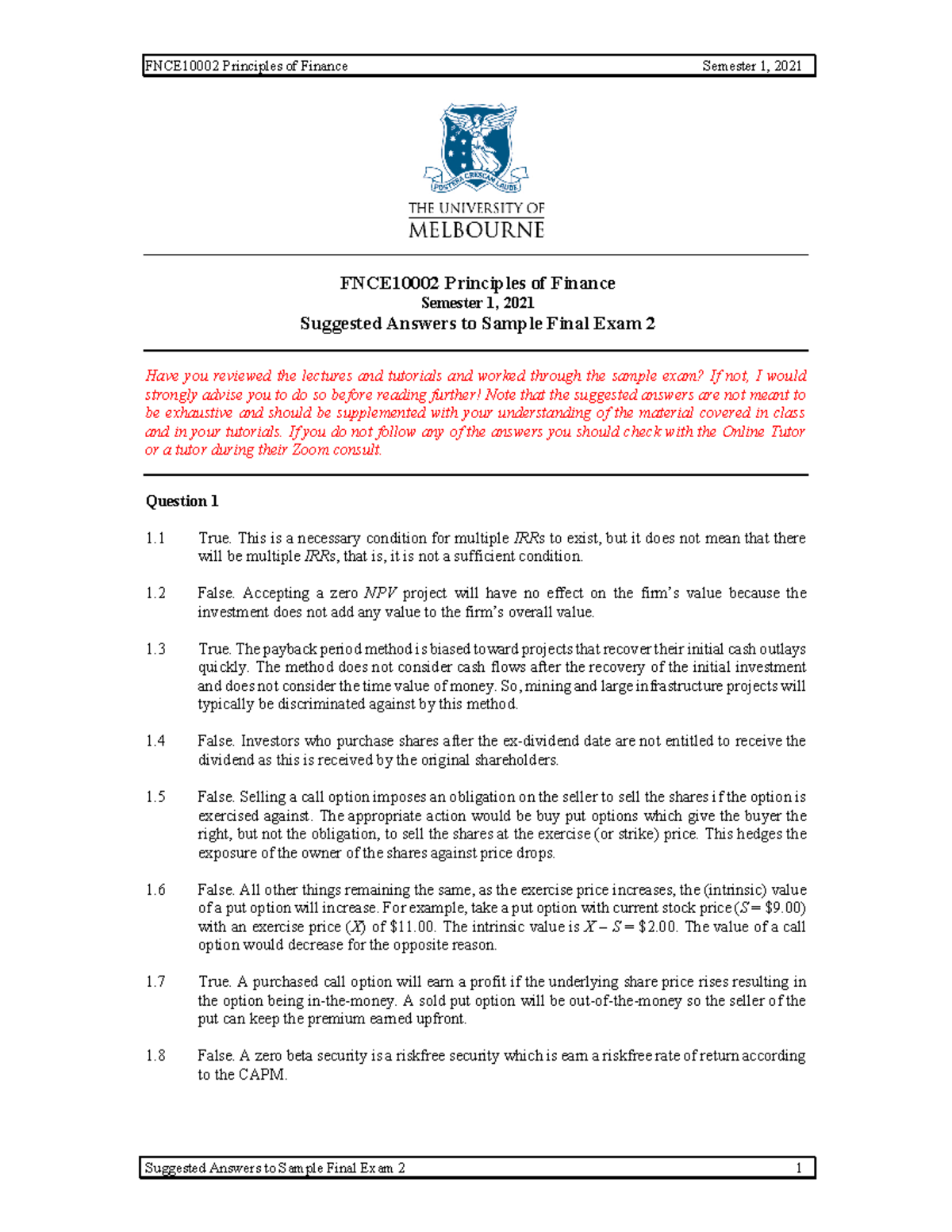 Sample Final 2 - Answers - FNCE10002 Principles of Finance Semester 1 ...