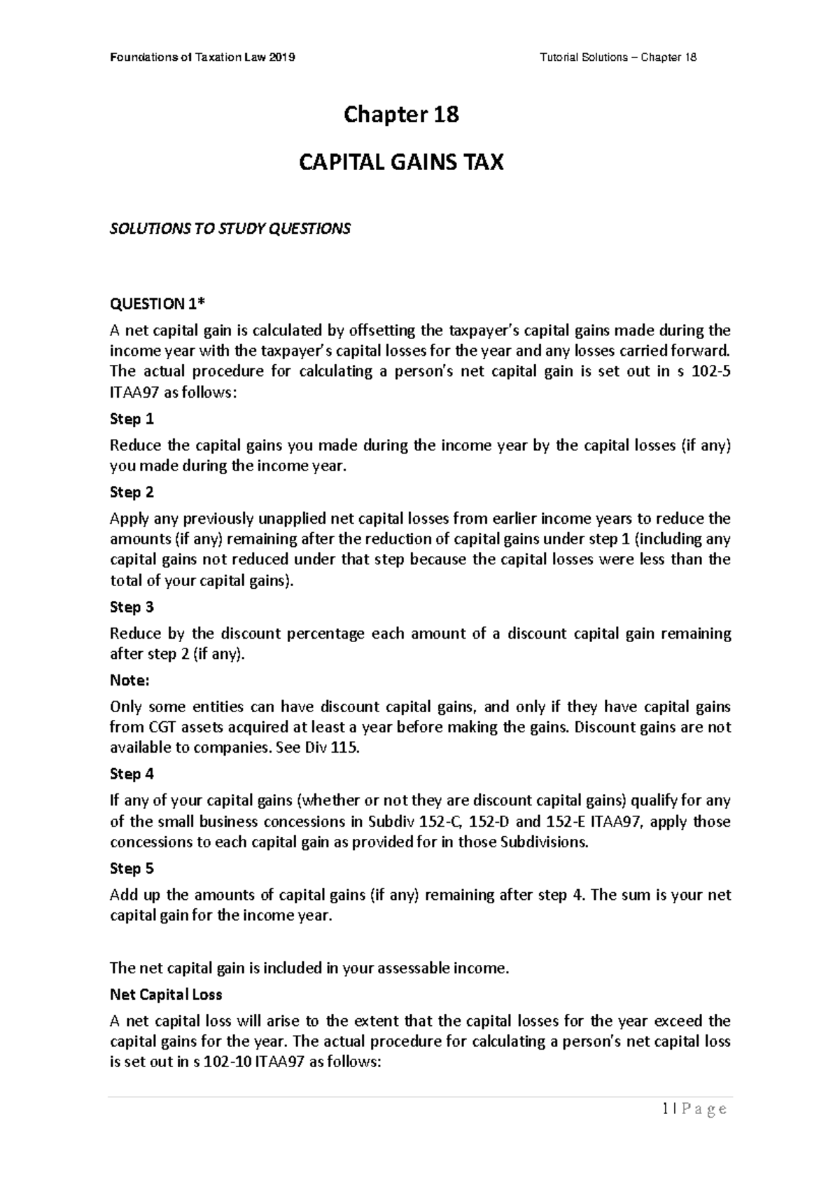 Taxation TS-8 - Chapter 18 CAPITAL GAINS TAX SOLUTIONS TO STUDY ...