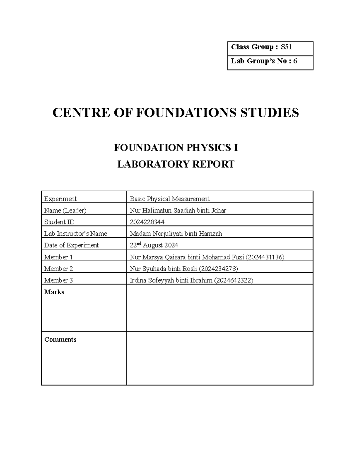 Basic physical measurement lab report - Class Group : S Lab Group’s No ...