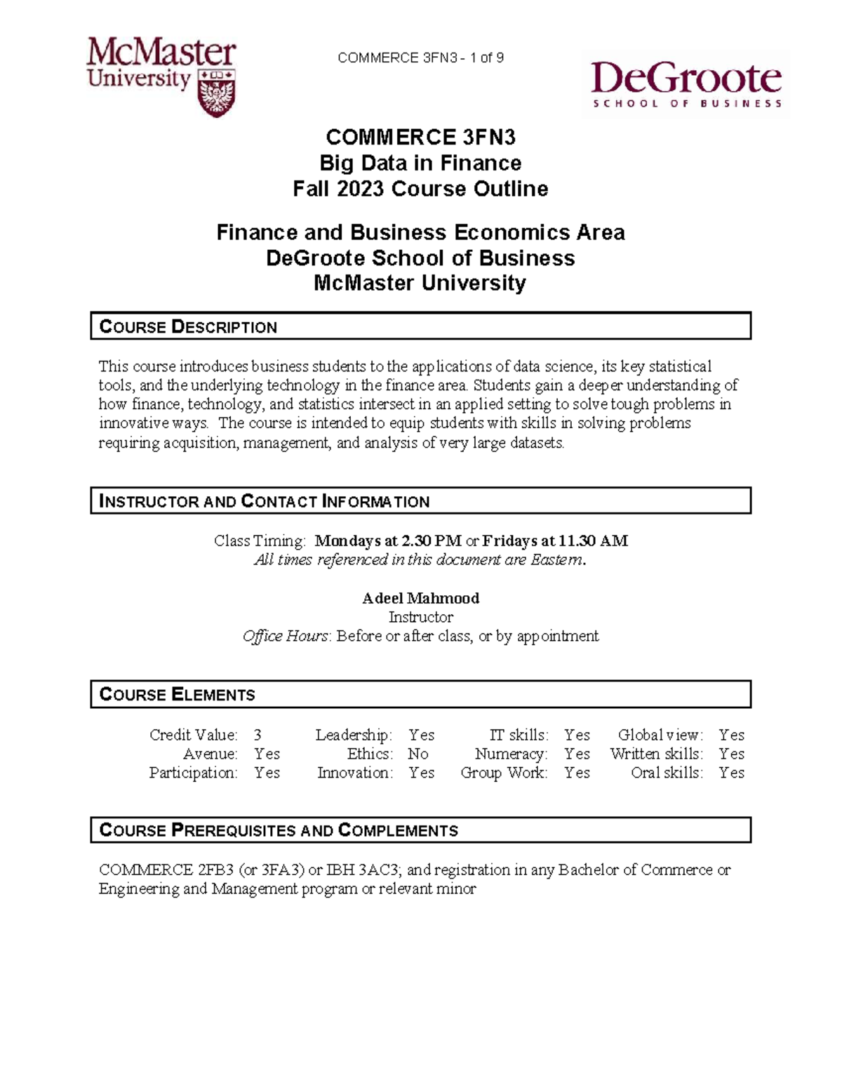 Course Outline 3FN3 - COMMERCE 3FN Big Data in Finance Fall 2023 Course ...