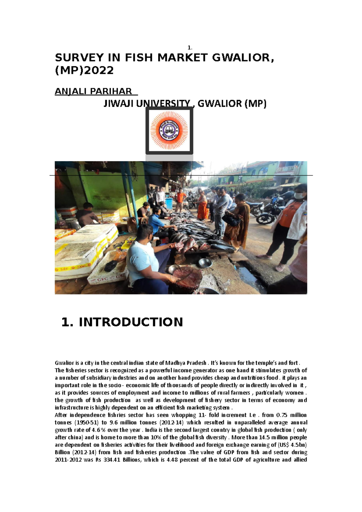Survey IN FISH Market Gwalior 2 anjali - 1. SURVEY IN FISH MARKET ...