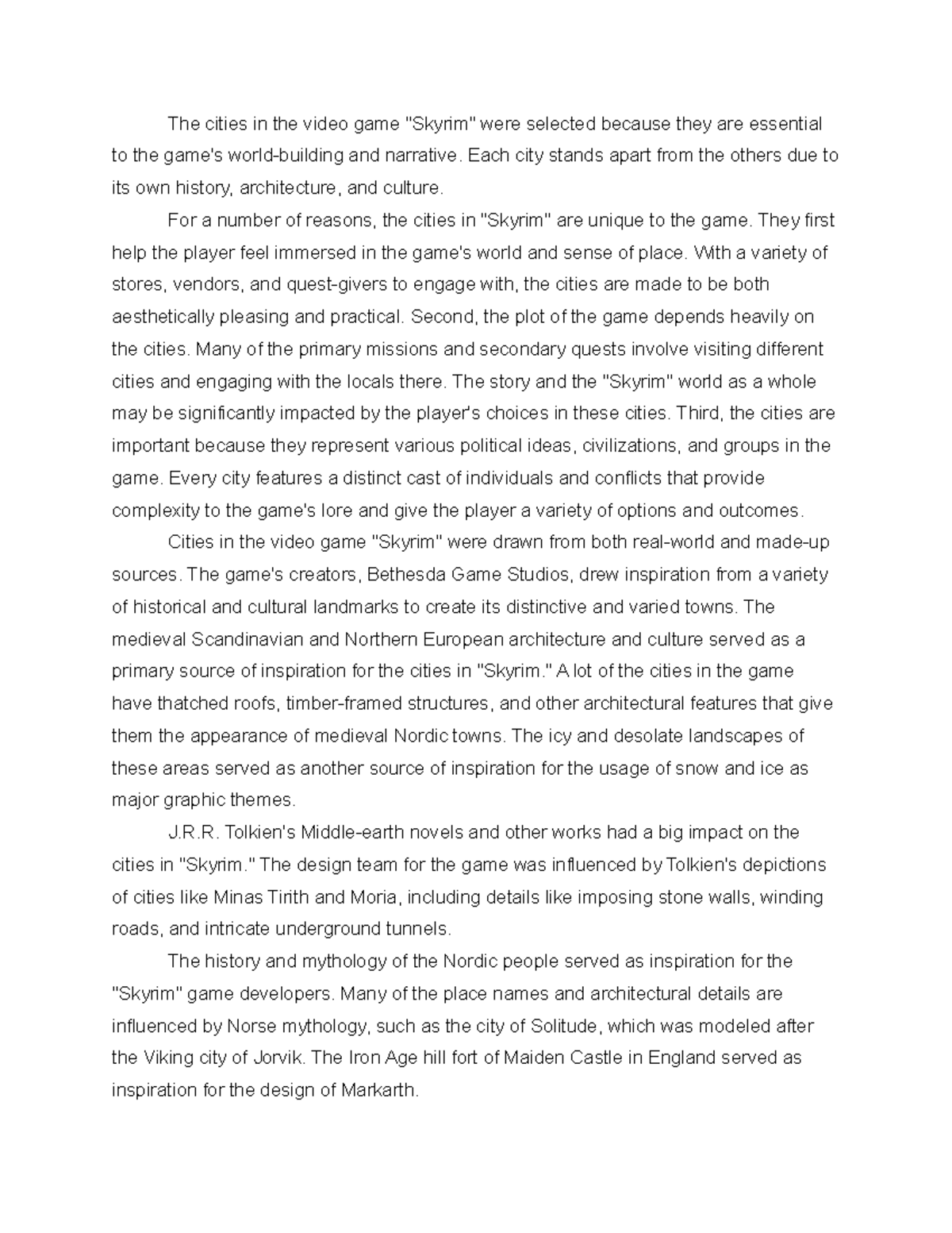 Task 4 - Lab 4 - The cities in the video game "Skyrim" were selected because they are - Studocu