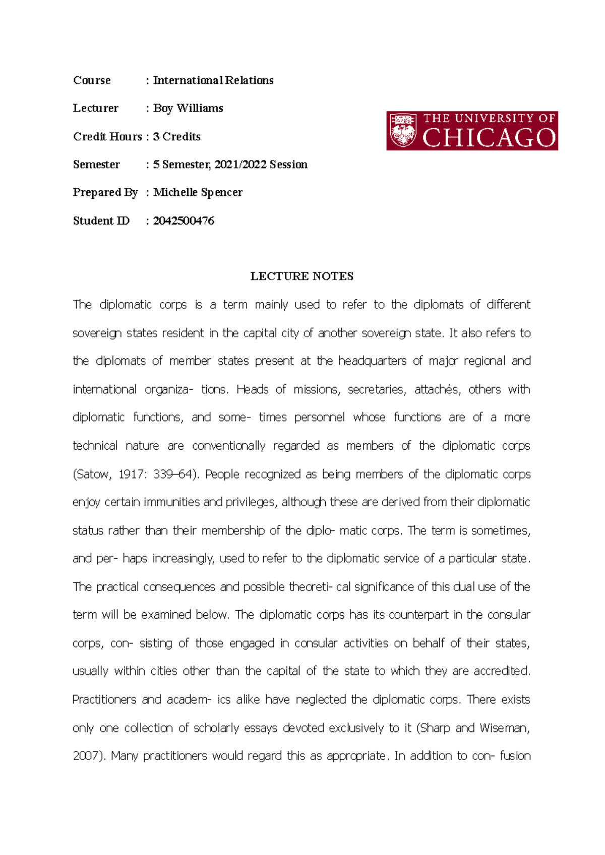 The Diplomatic Corps - notes - Course : International Relations ...