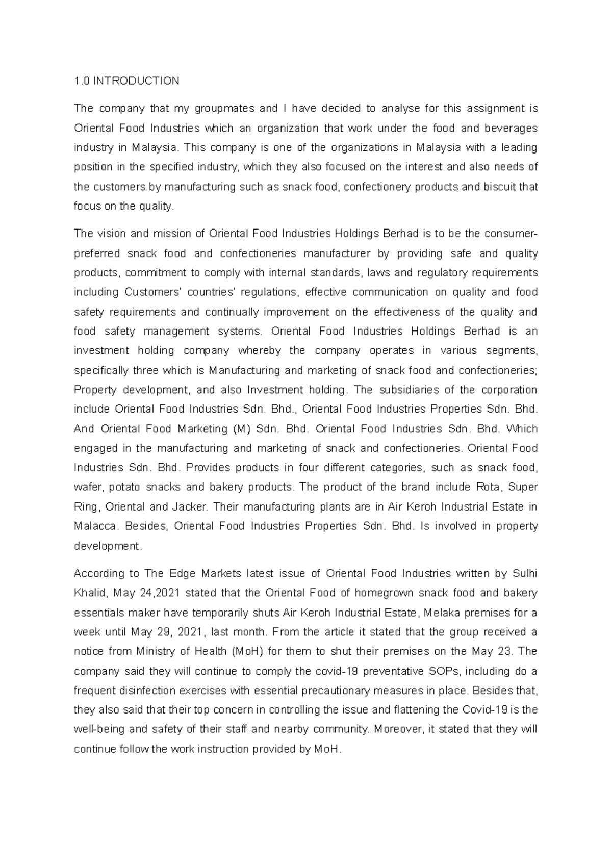 1.0 introduction - tutorial work - 1 INTRODUCTION The company that my ...