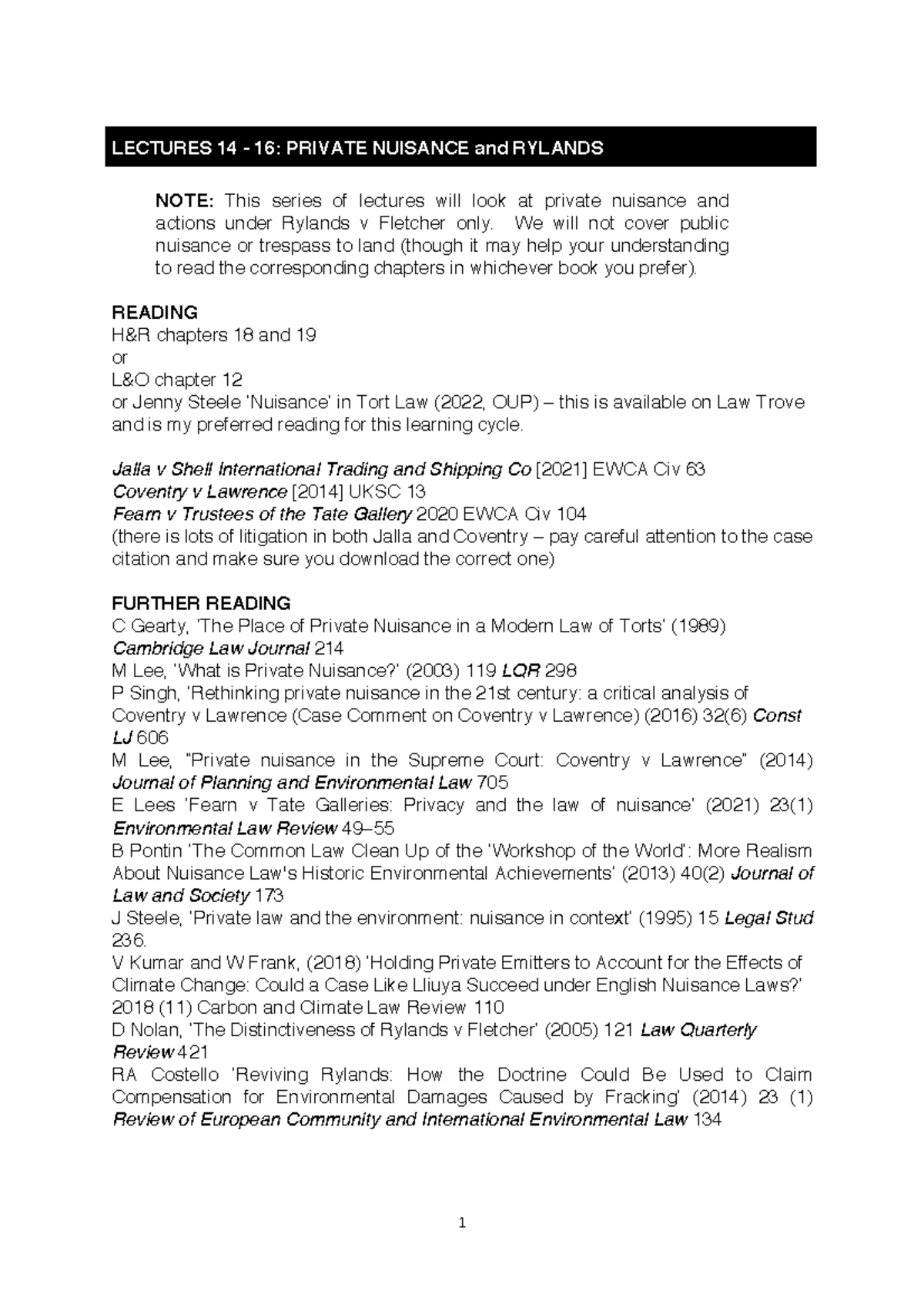 Nuisance and Rylands Lecture Handout 2023 - LECTURES 1 4 - 16 : PRIVATE NUISANCE and RYLANDS ...