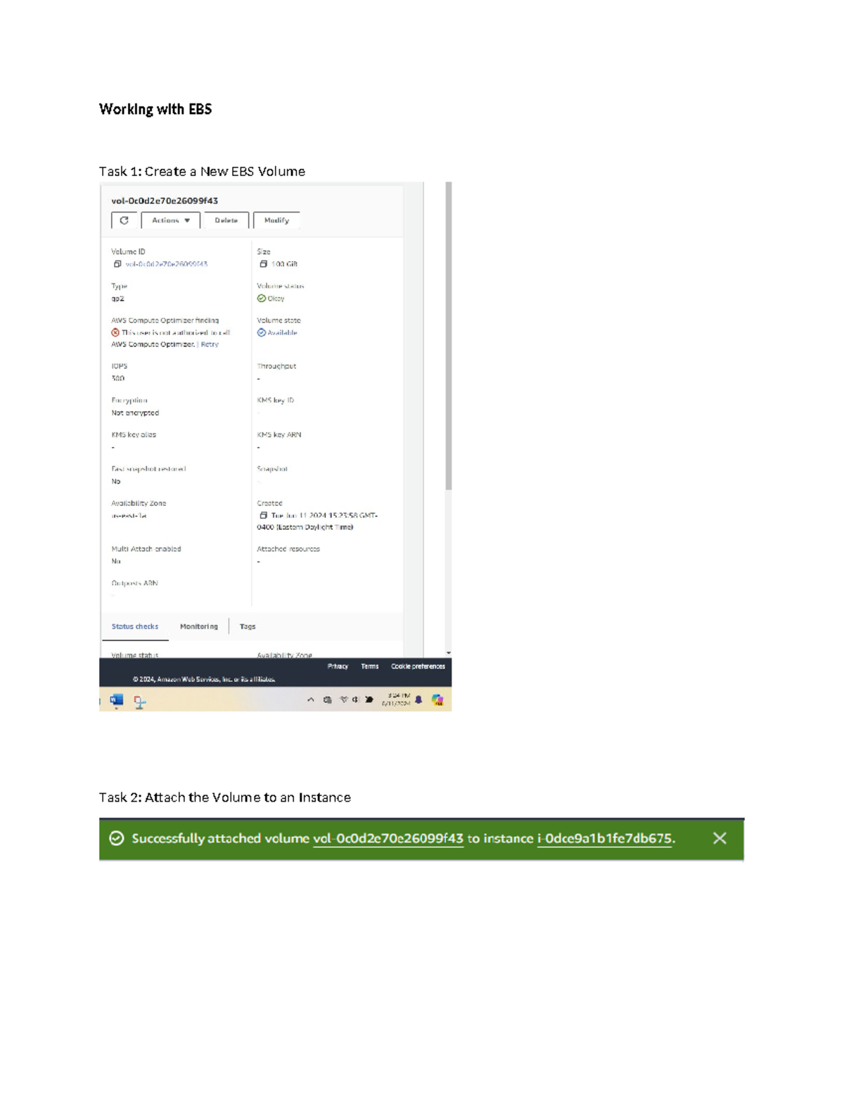 Lab assignment 2 - CMIT 351 - Working with EBS Task 1: Create a New EBS Volume Task 2: Attach ...