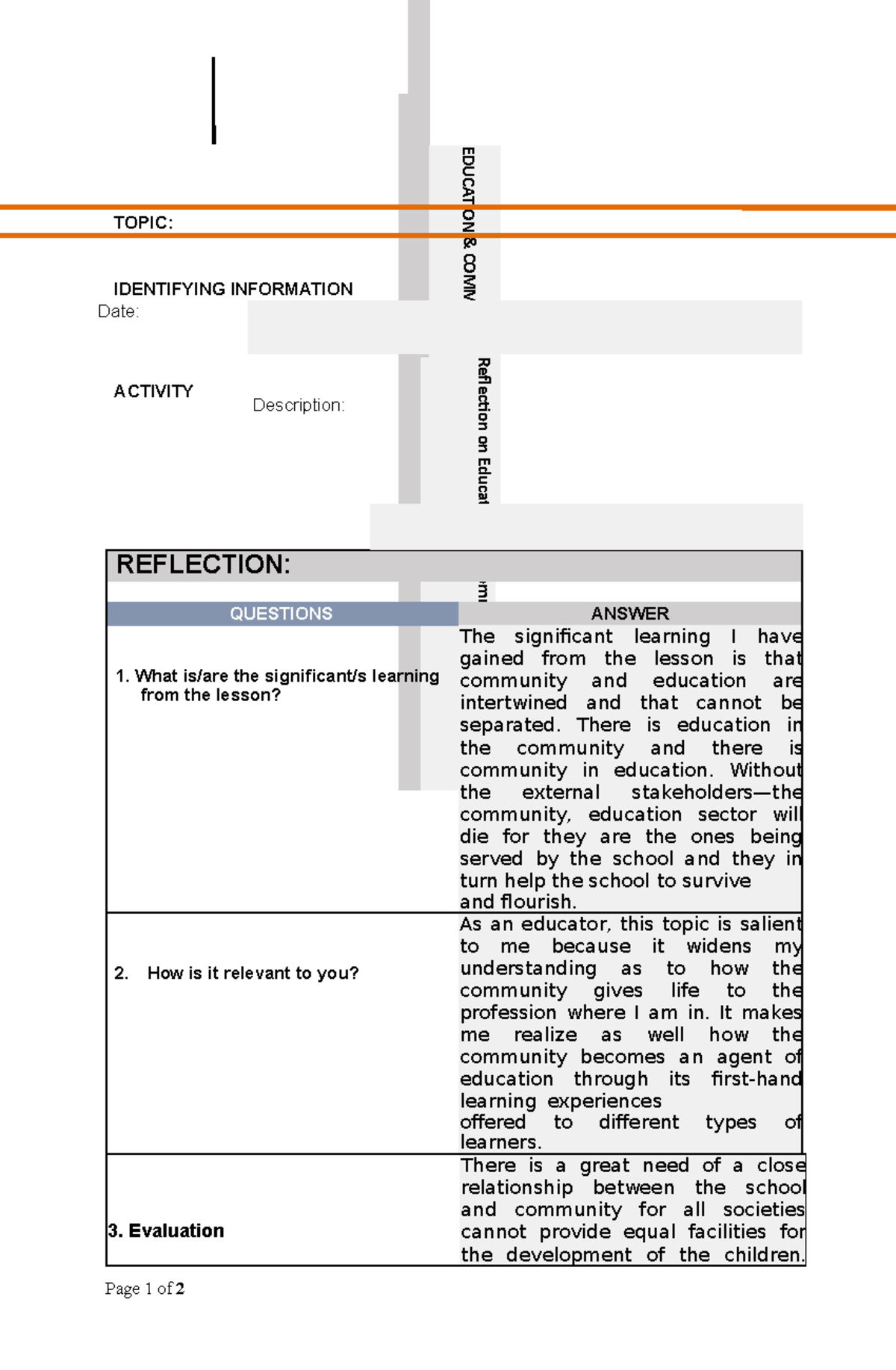 Reflection 1 - LECTURE - EDUCATION & COMMUNITY Refecton on Educaton and ...