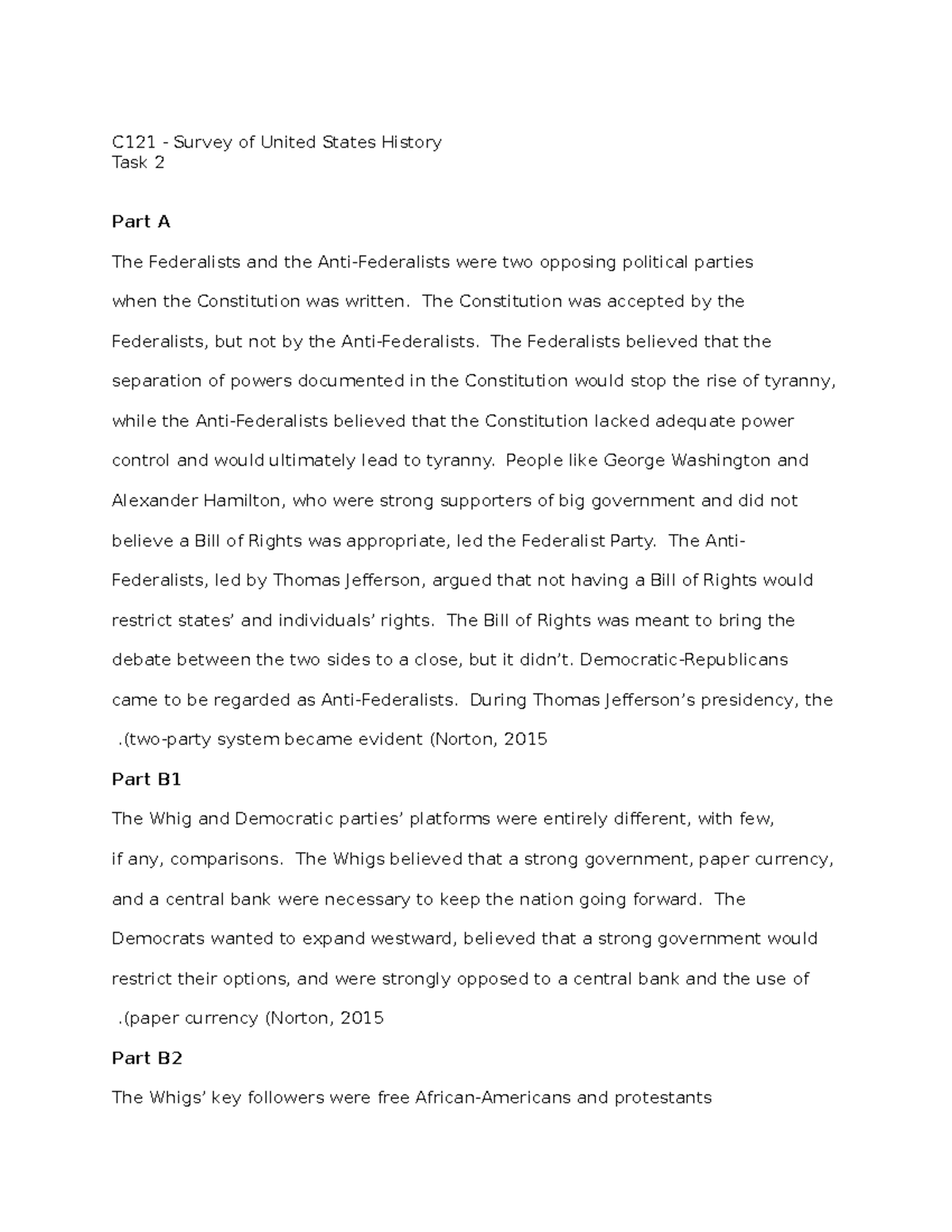 US History - Task 2 - Passed on 1st Attempt - C121 - Survey of United ...