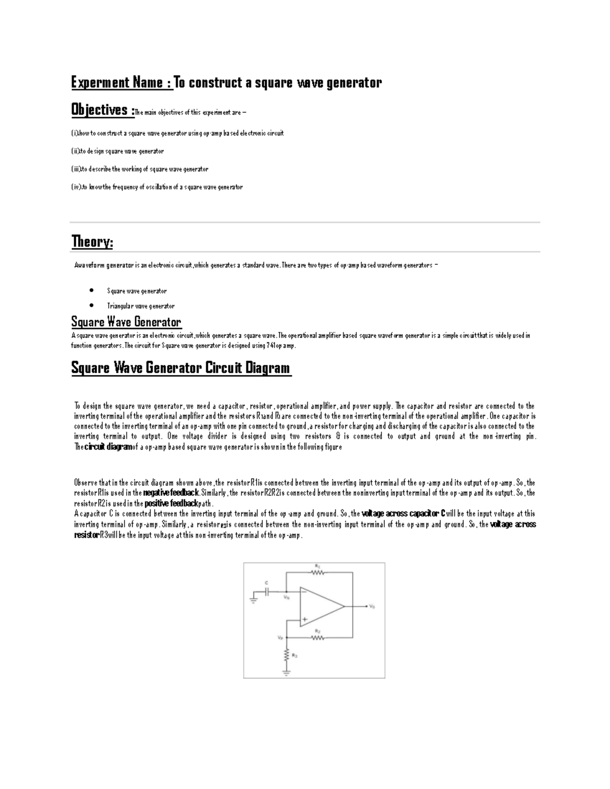 To construct a square wave generator - Experment Name : To construct a ...