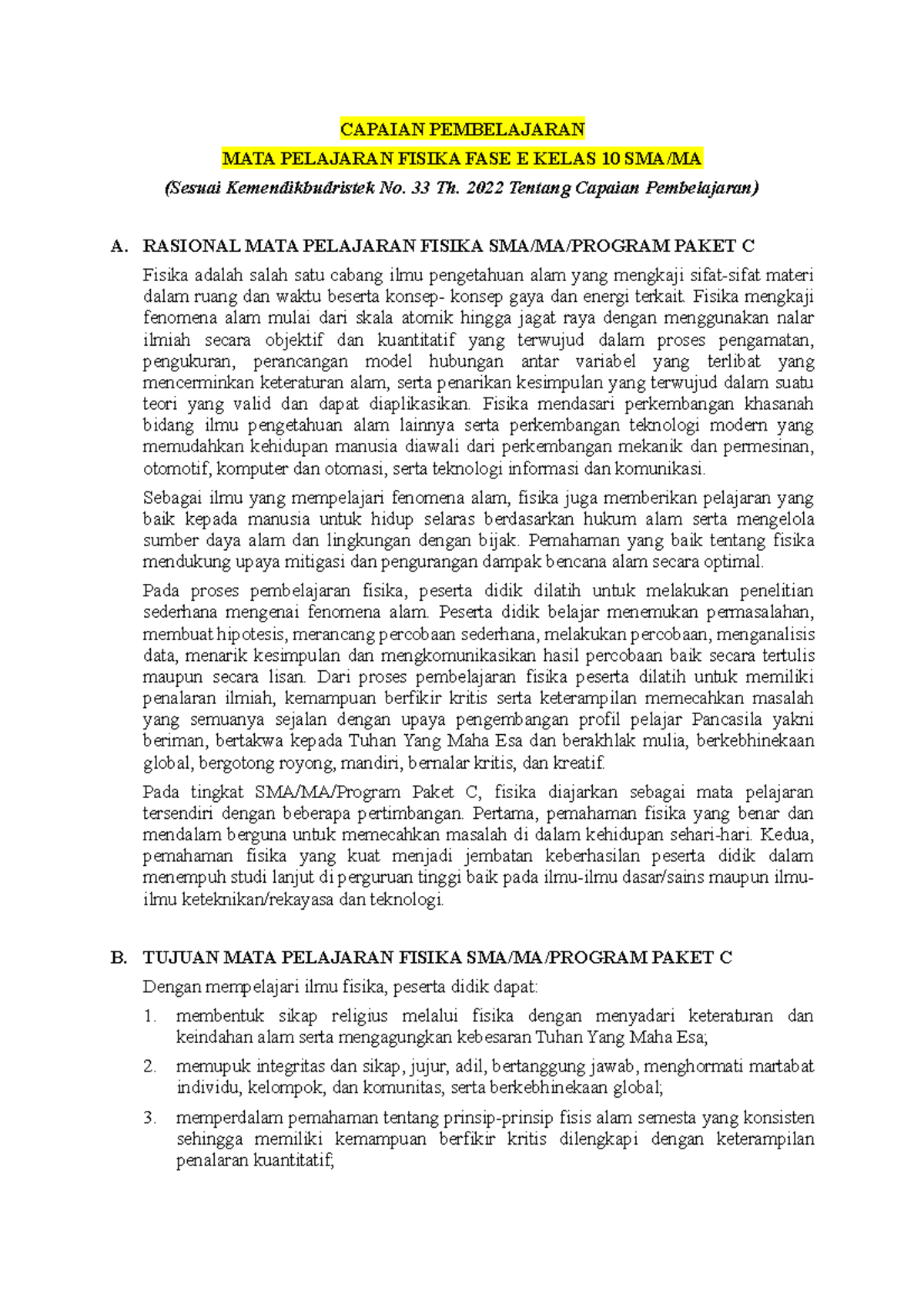 CP Fase E - IPA (Fisika) - capaian pembelajaran - CAPAIAN PEMBELAJARAN MATA PELAJARAN FISIKA ...