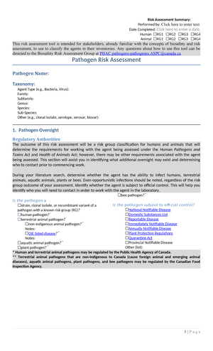 Example of Biosafety Risk Assessment (BSA) - Risk Assessment Summary ...