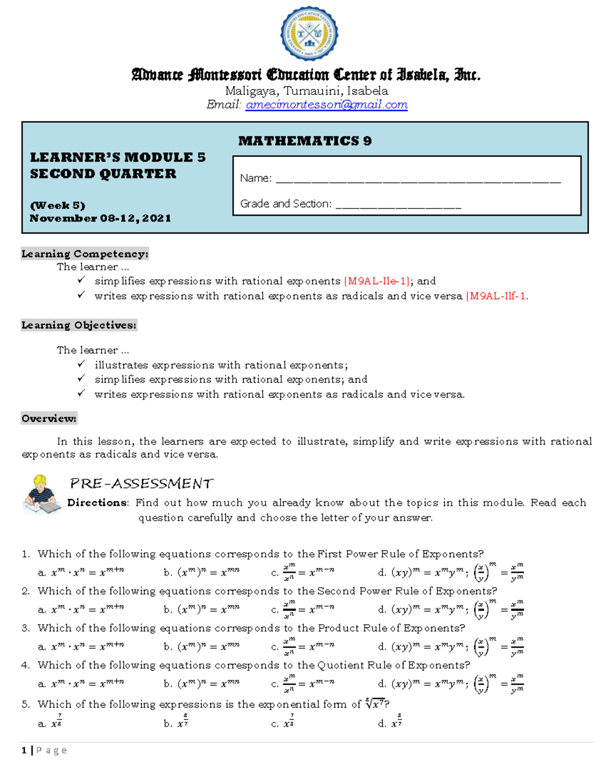Module IN Mathematics 9 WEEK 5 Second Quarter - Advance Montessori ...