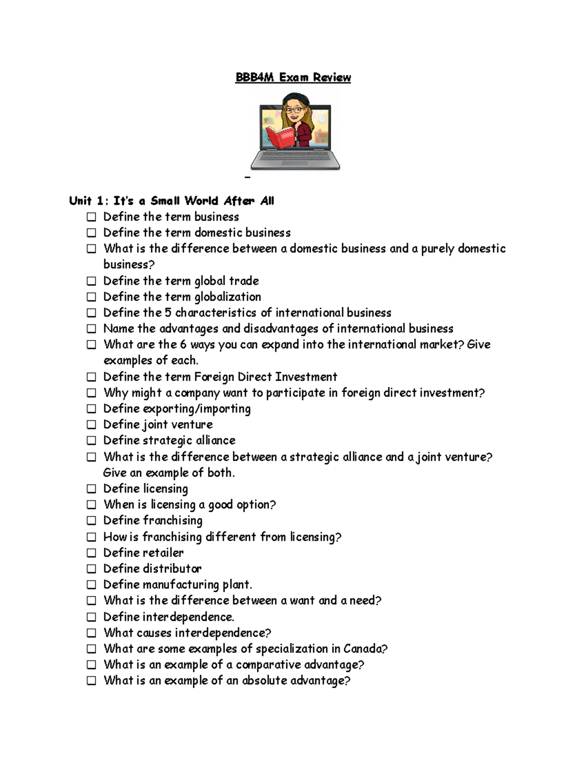 BBB4M International Business- Exam Review - BBB4M Exam Review Unit 1 ...