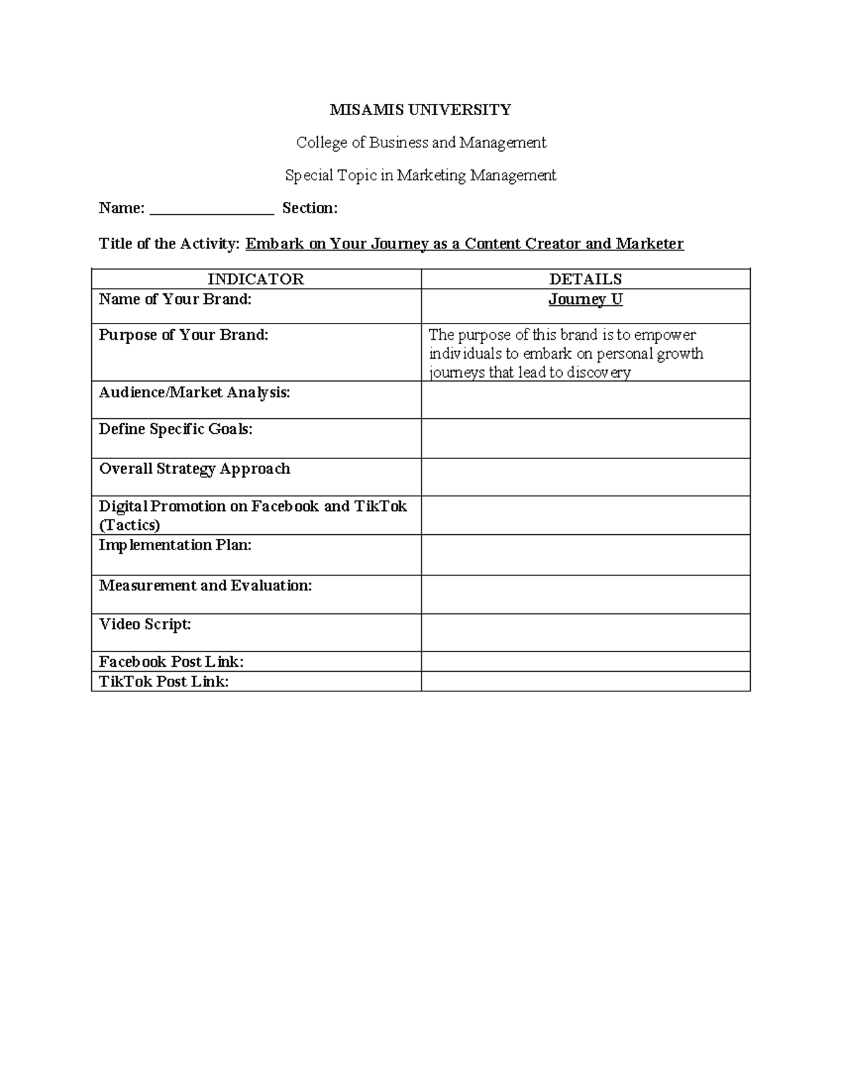 Special topics Activity - MISAMIS UNIVERSITY College of Business and ...
