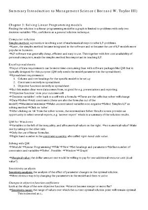 Chapter 1 and 2 summaries - Introduction to Management Science ...