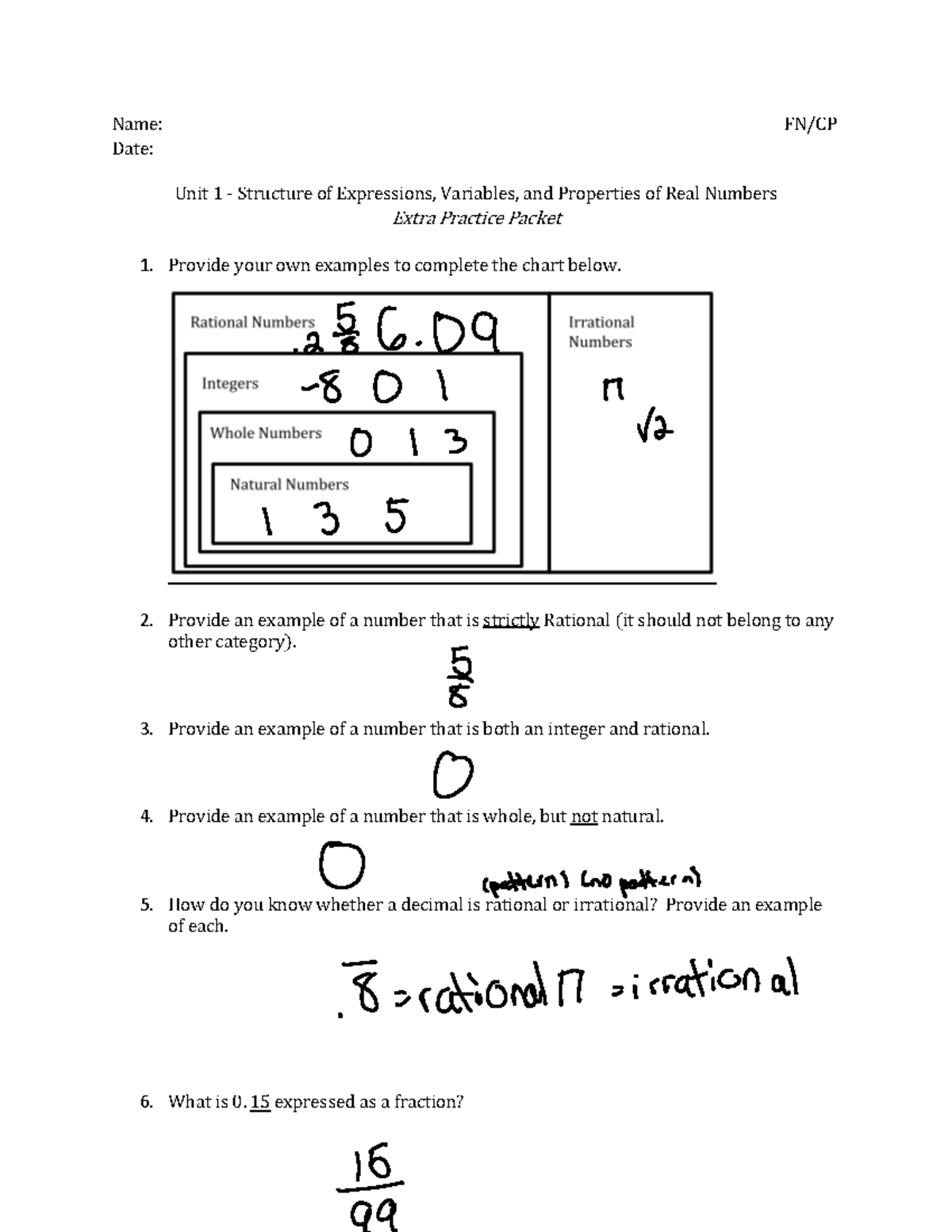 Unit 1 Extra Practice Packet - Structure of Expressions, Variables, and ...