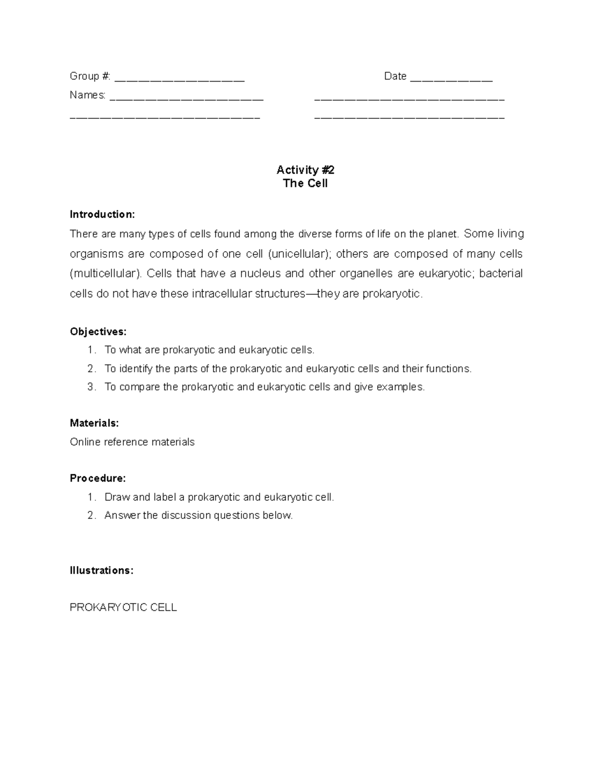 2LAB ACT 2 The Cell - lab activity - Group ...
