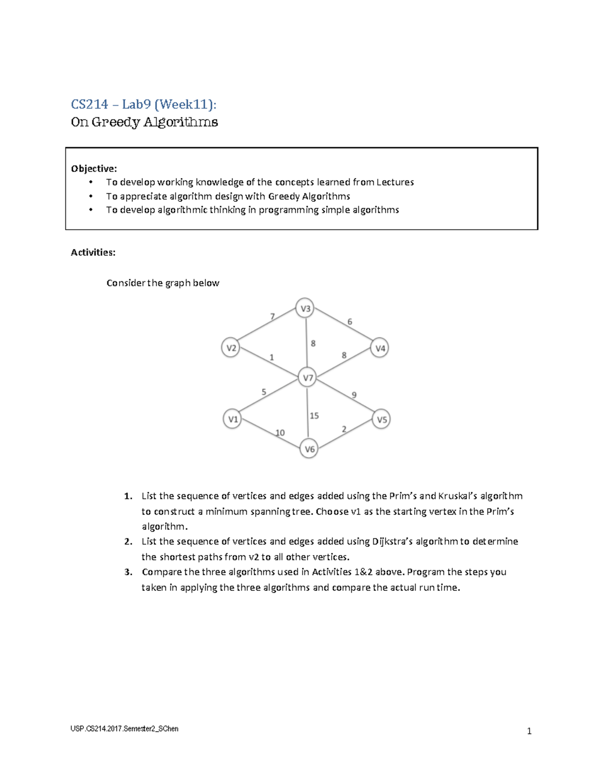 Lab9 - lab9 - USP.CS214.2017_SChen 1 CS214 – Lab9 (Week11): On Greedy Algorithms Objective: • To ...
