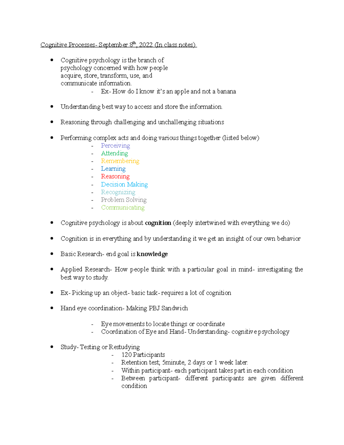 Cognitive Processes- sept 8th- in class notes - Cognitive Processes ...