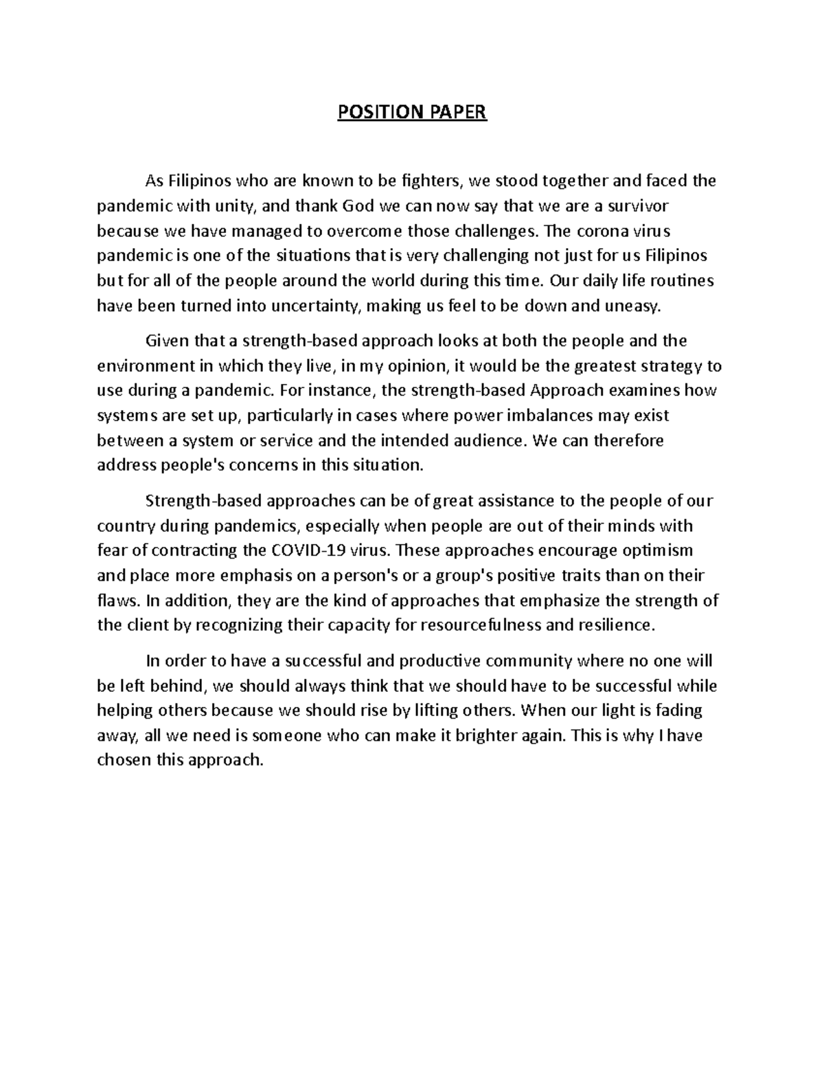 Position- Paper- Ranes - POSITION PAPER As Filipinos who are known to ...