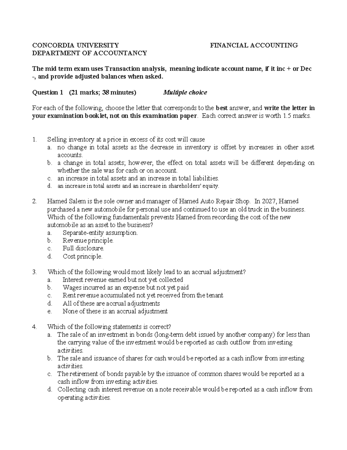 Mock Midterm Exam - Feb 2024 - CONCORDIA UNIVERSITY FINANCIAL ...