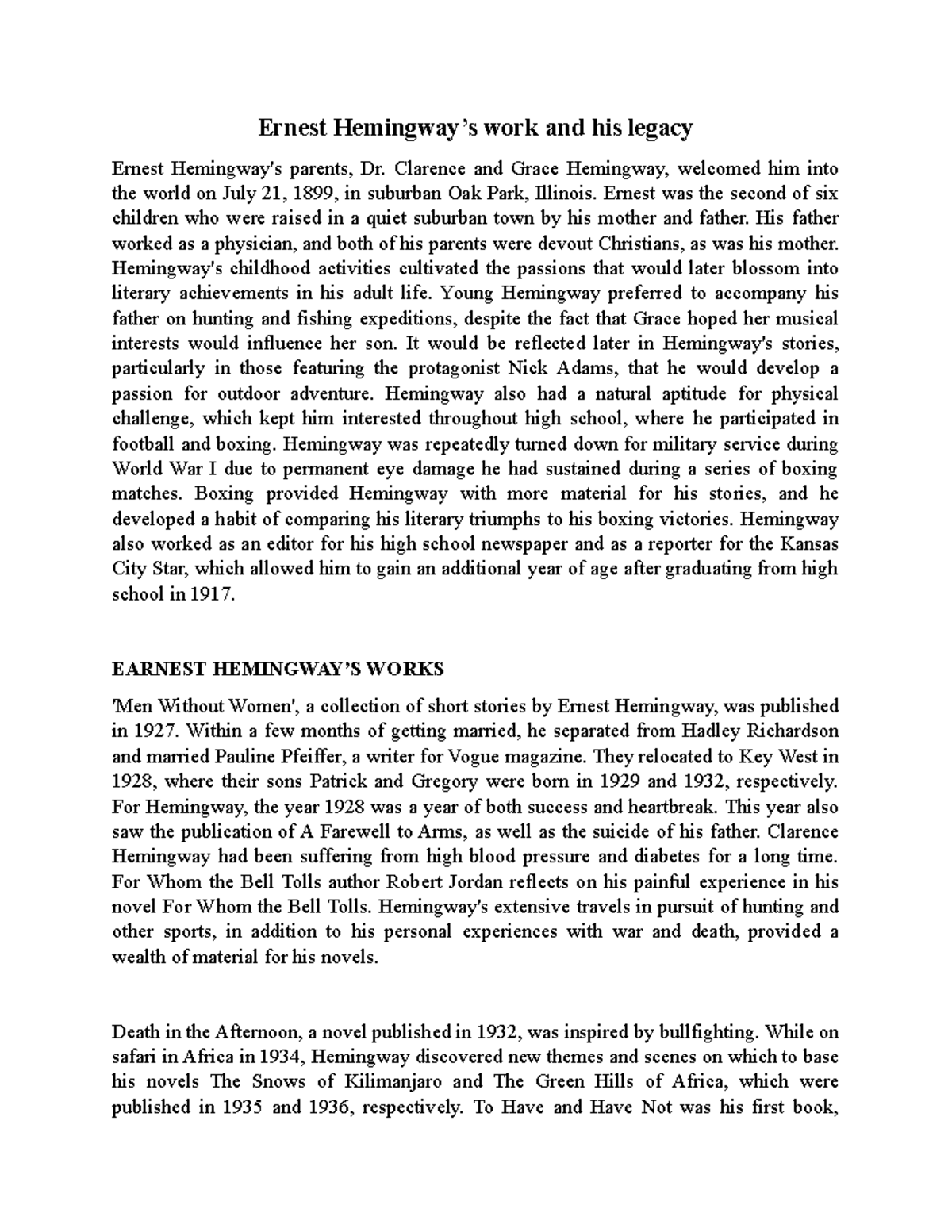 Ernest Hemingway's work and his legacy - Ernest Hemingway’s work and ...
