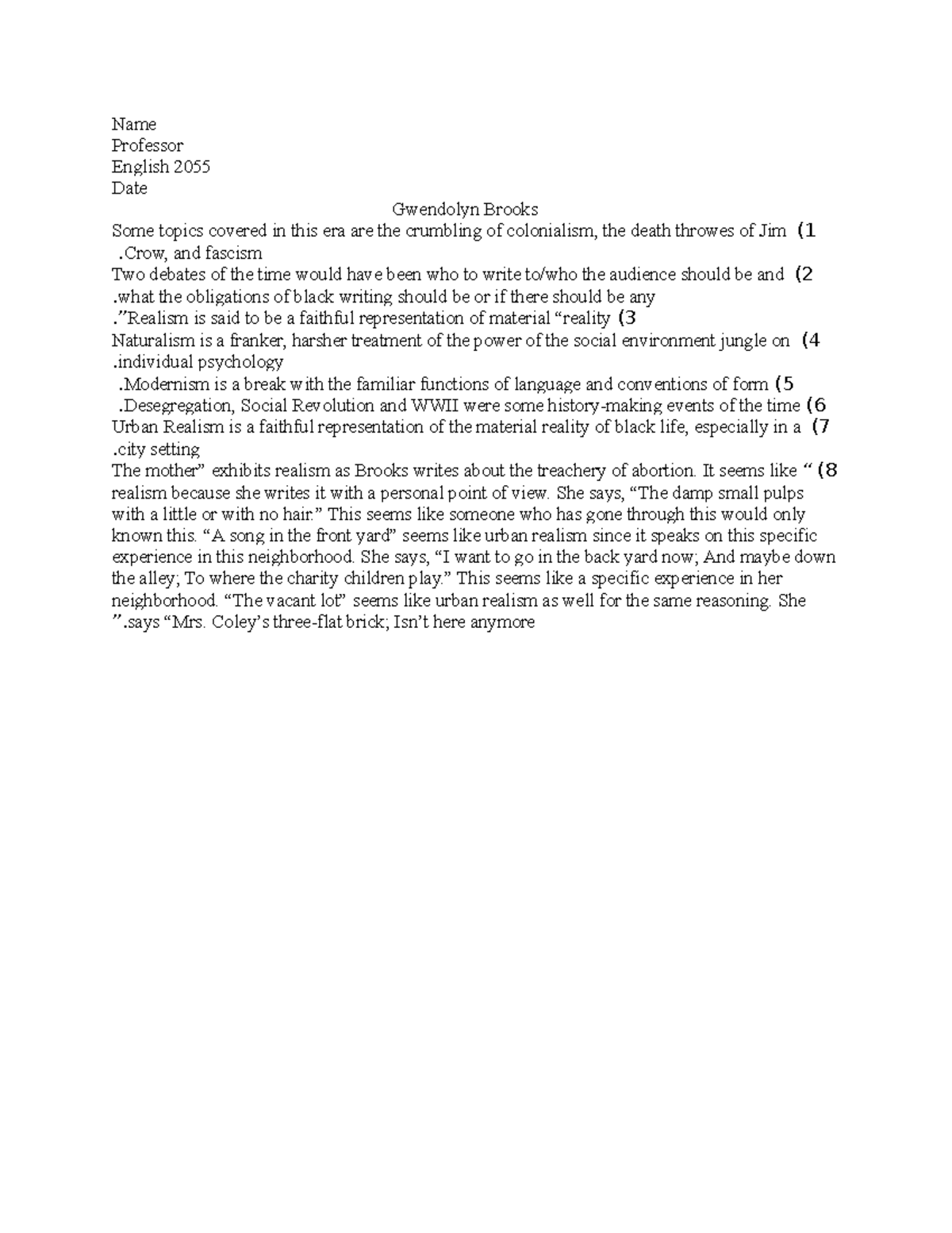 Week7 - Week 7 Gwendolyn Brooks notes + works summarized - Name ...