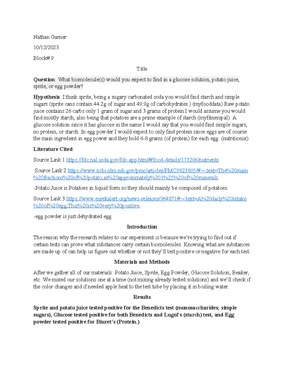 Yeast Fermentation Lab Report - Nathan Garner 10/12/ Block# 9 Title ...