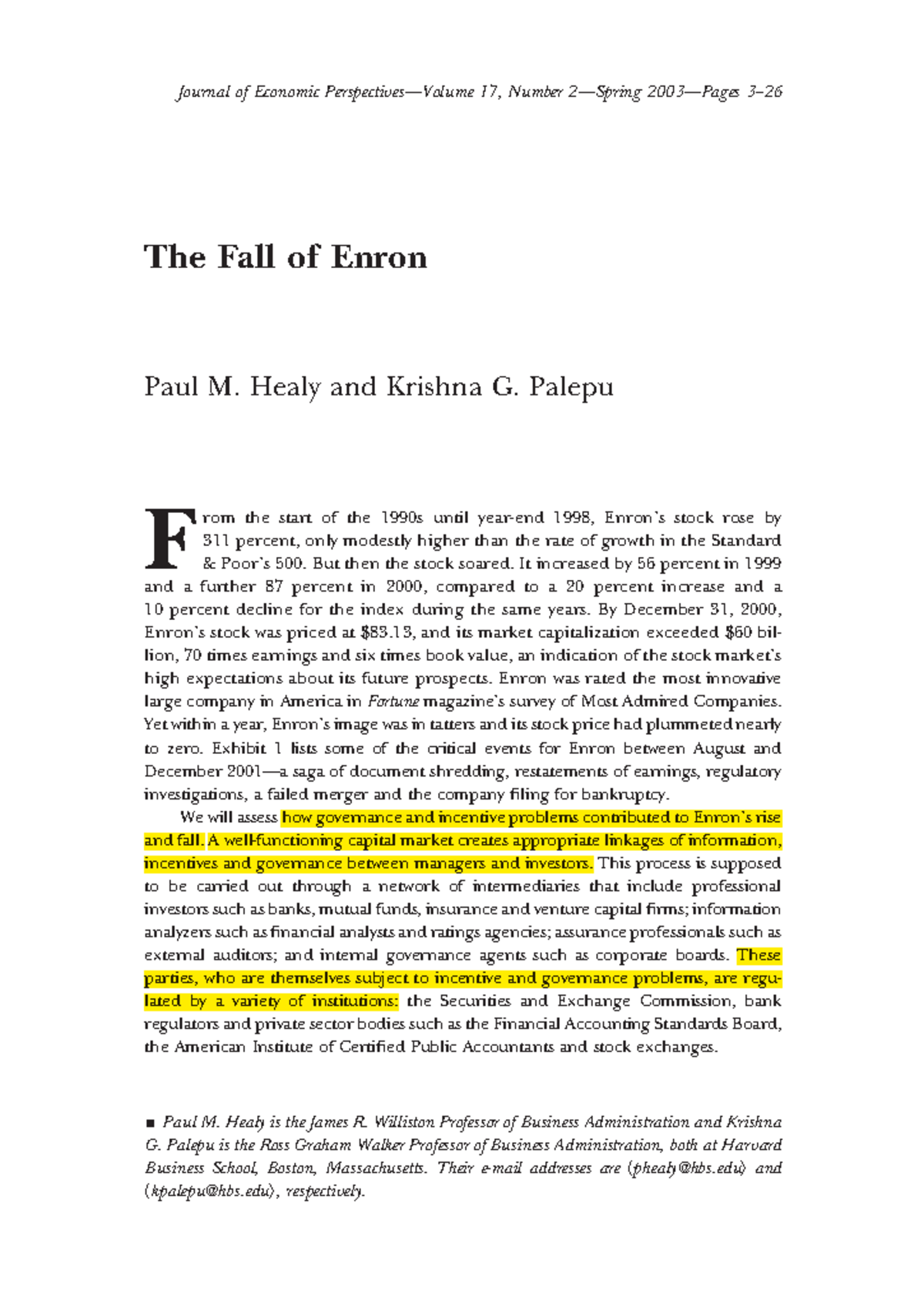 E2 the fall of Enron - The Fall of Enron Paul M. Healy and Krishna G ...