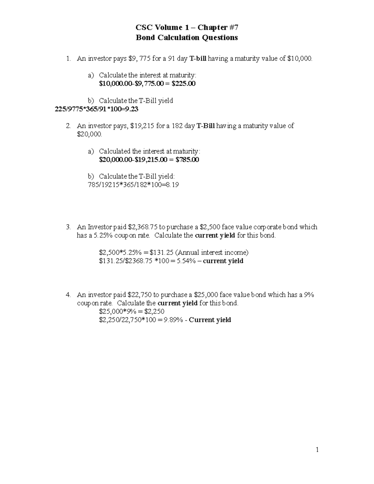Csc I Fina 739 Class Exercise Chapter 7 Bond Formual Questions Only Csc Volume 1
