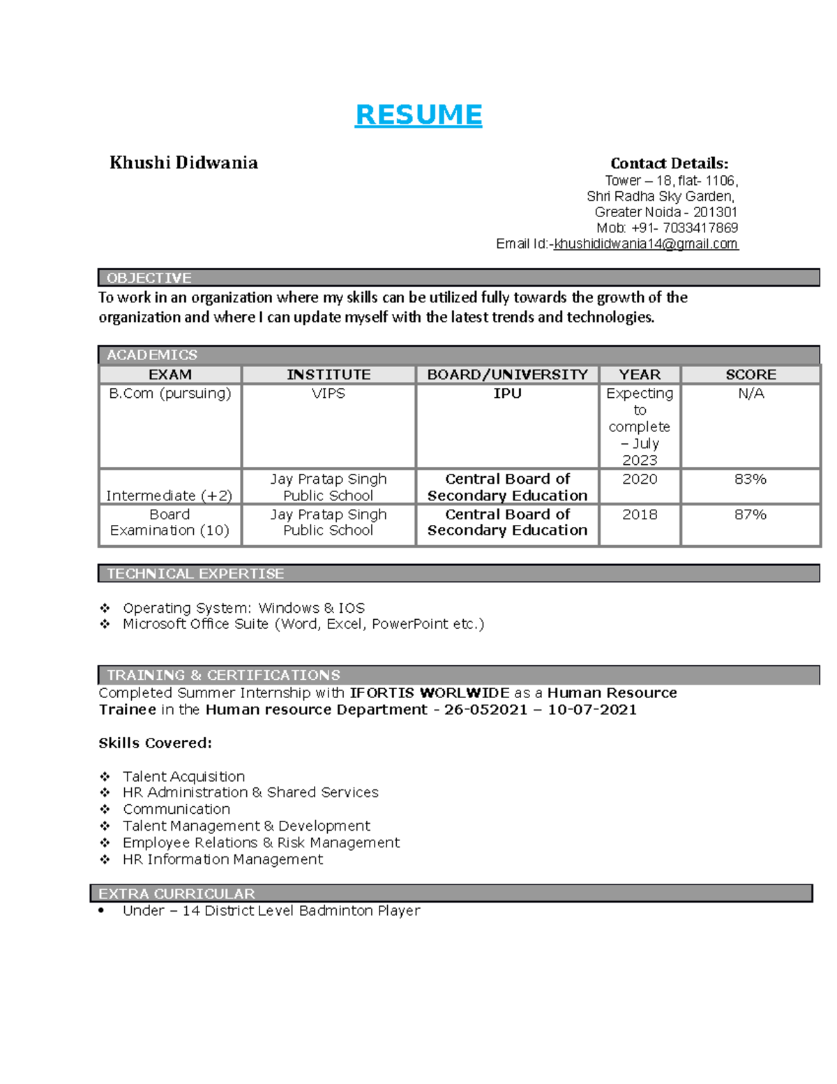 Khushi Didwania 2 - Just normal work - RESUME Khushi Didwania Contact ...