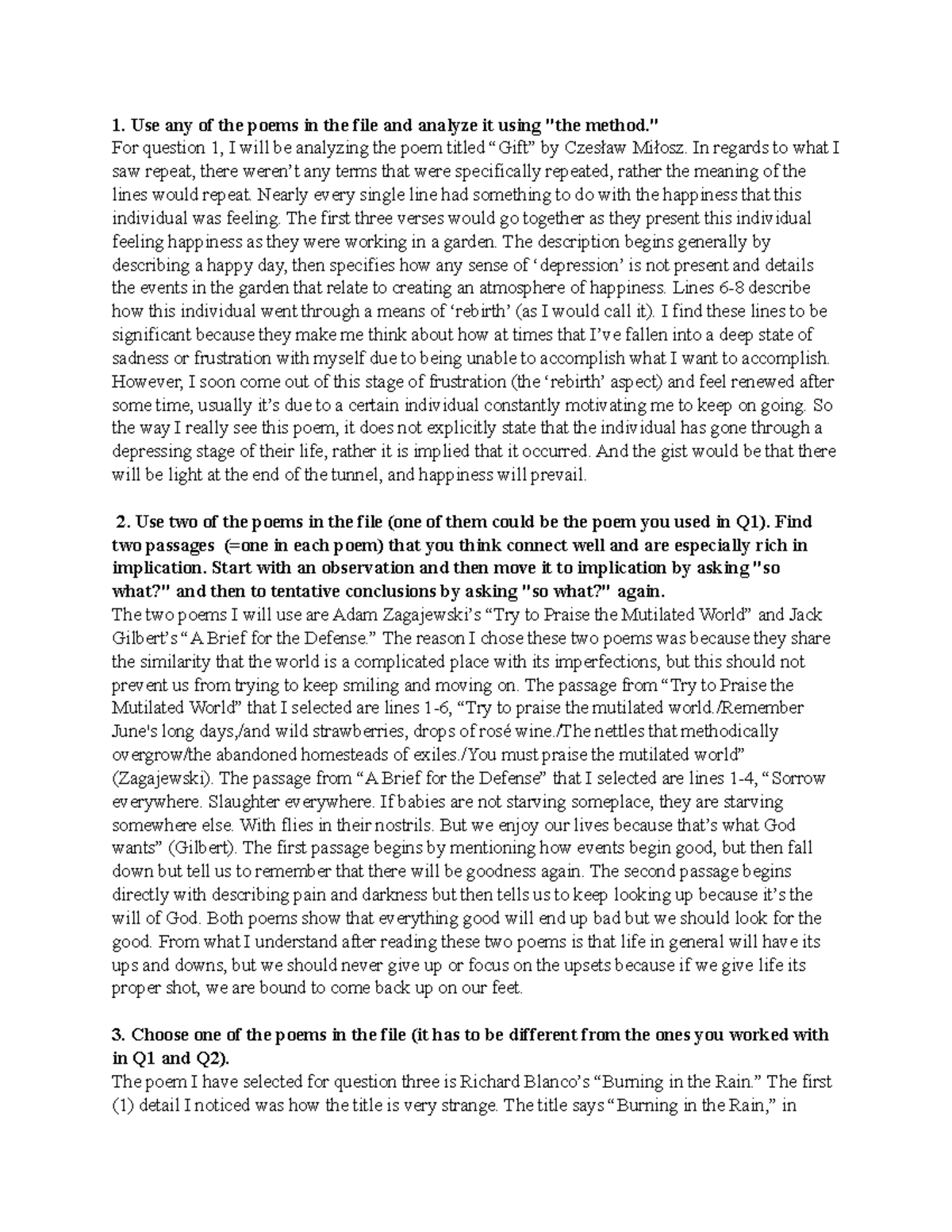 Analytical Essay about poems - Use any of the poems in the file and ...